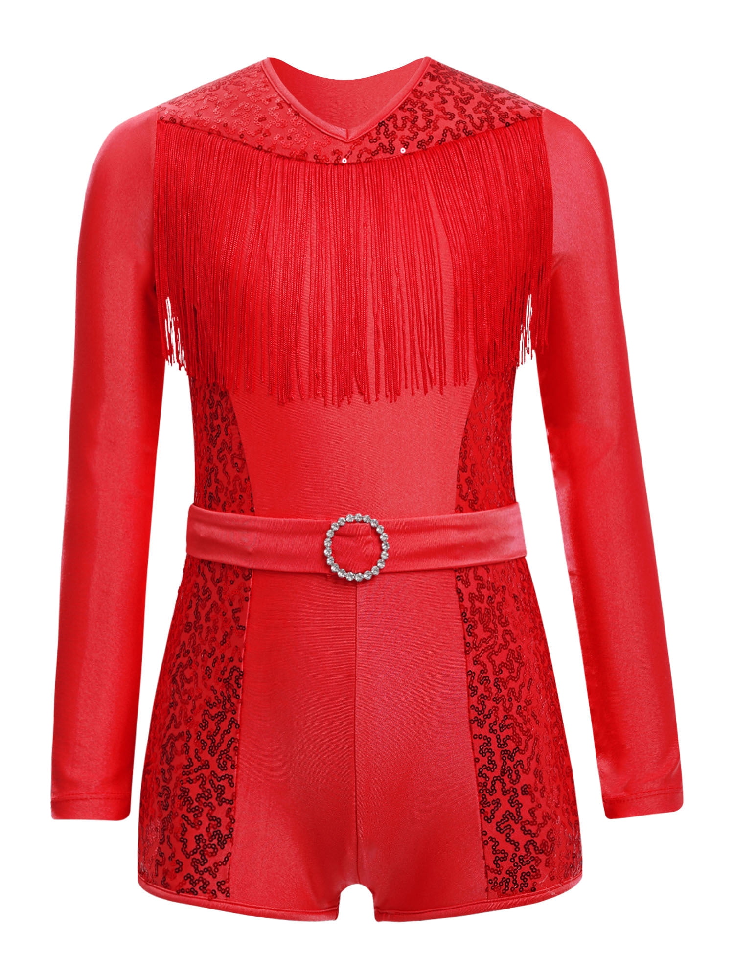 Miutii Kids Girls Fringe Sequin Gymnastics Leotard Long Sleeve One ...