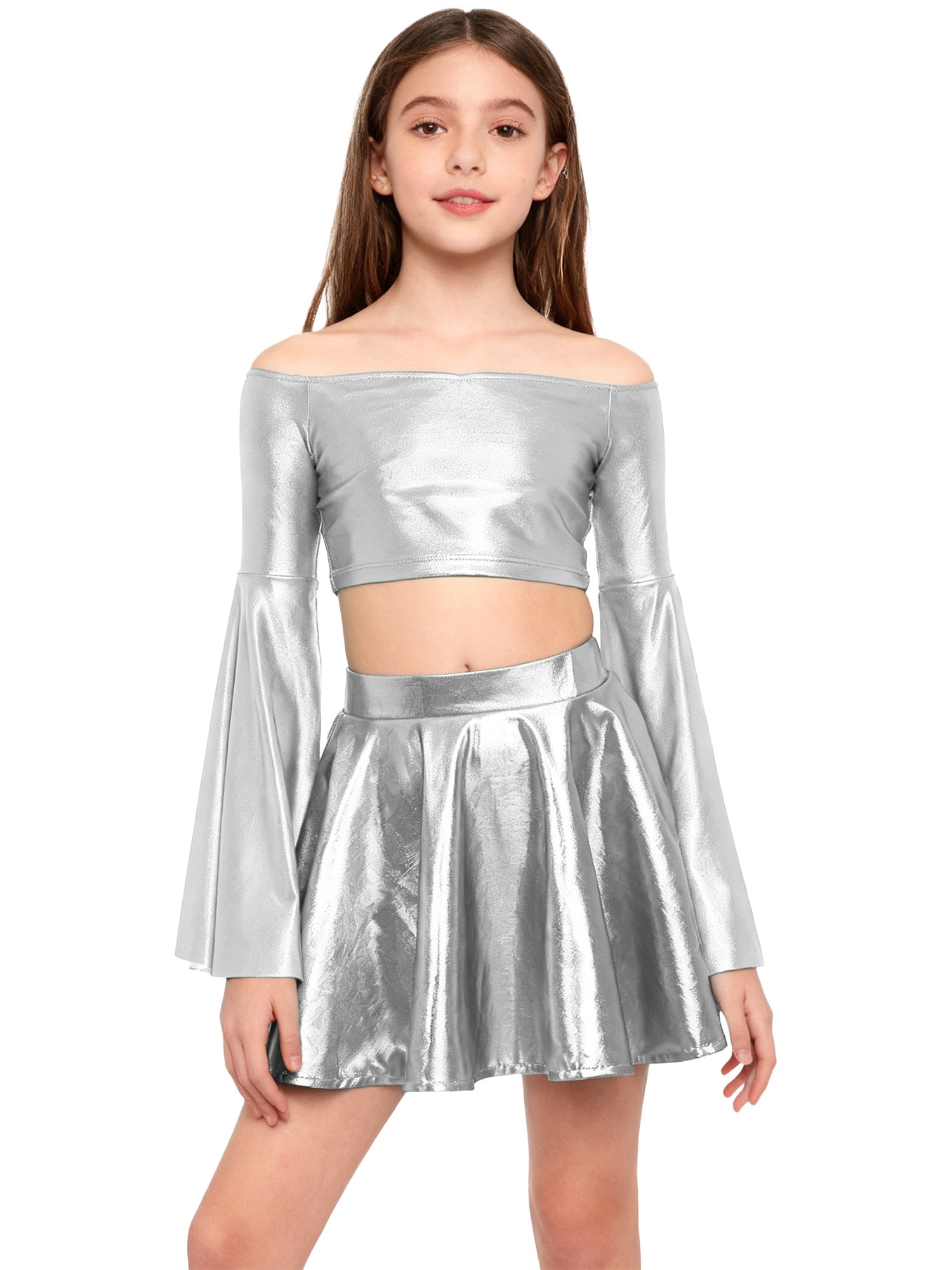 Miutii Kids Girls Shiny Metallic Long Flare Sleeve Disco Hip Hop Jazz ...