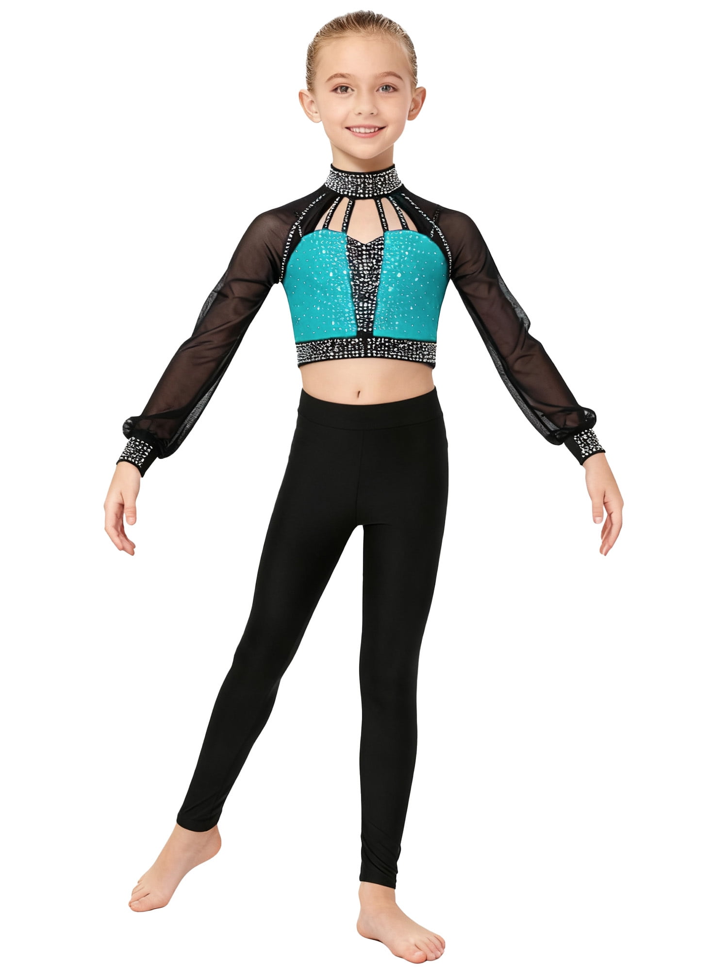 Miutii Kids Girls Sparkly Rhinestone Long Sleeve Crop Top with Leggings ...