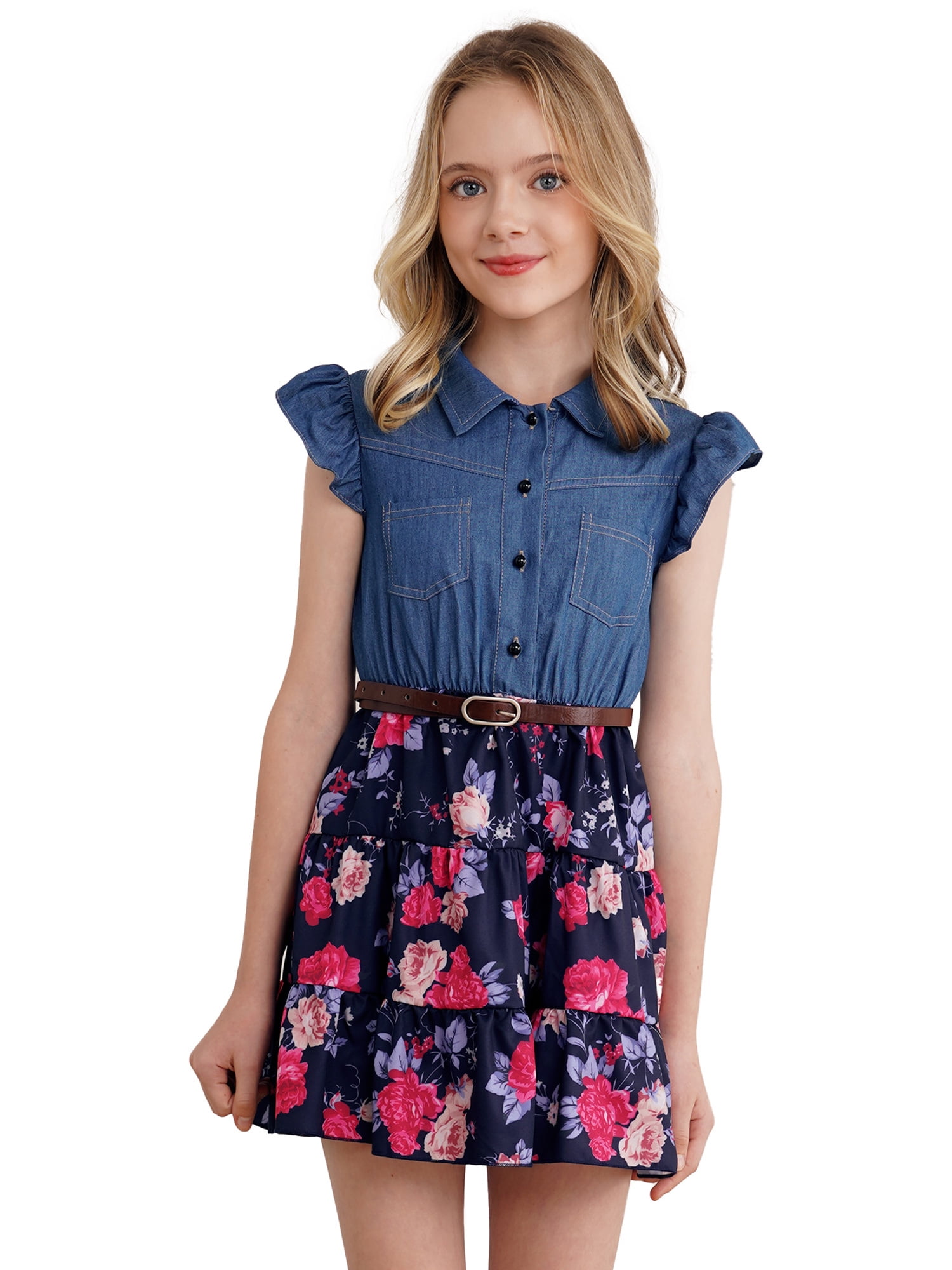 Miutii Kids Girls Summer Casual Floral Denim Dress Ruffle Sleeve Top ...