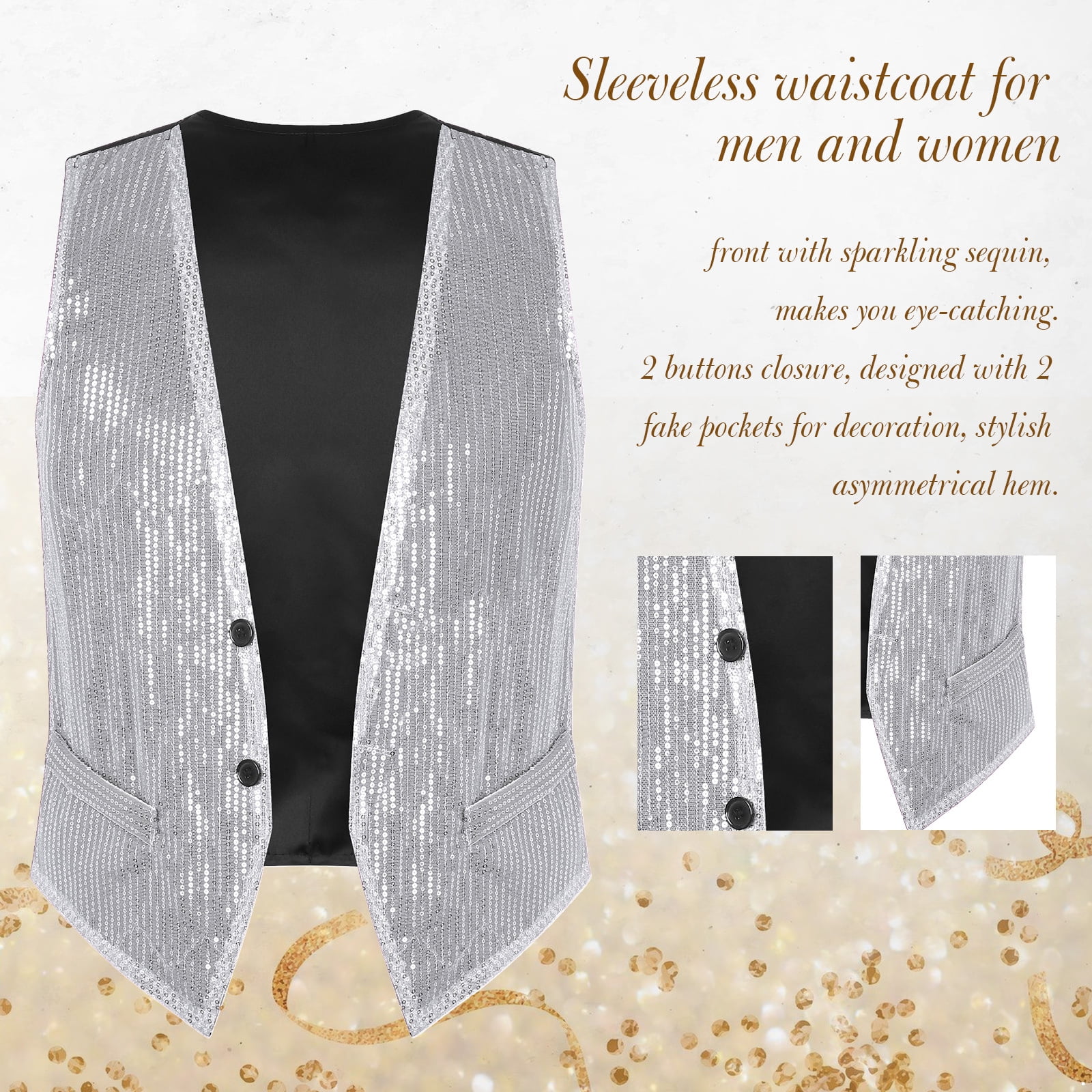 Miutii Mens Sequin Vest Shiny Party Sleeveless Waistcoat Button V-Neck ...