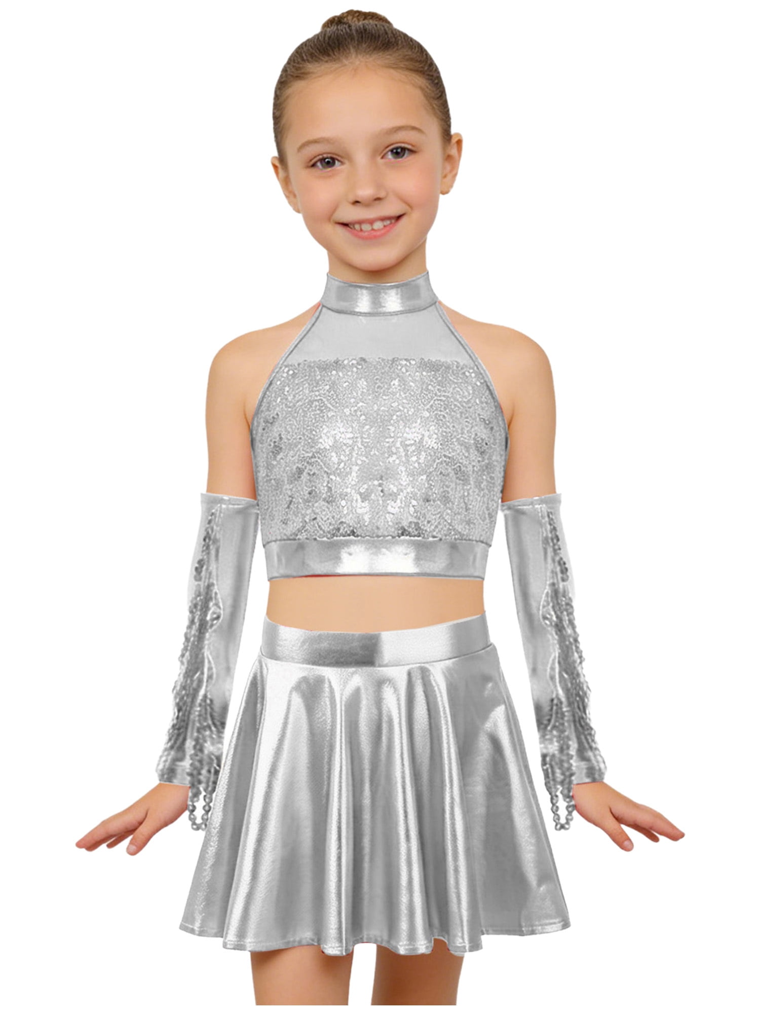 Miutii Youth Girls Sequins Jazz Dance Top with Ruffle Skirt & Gloves ...