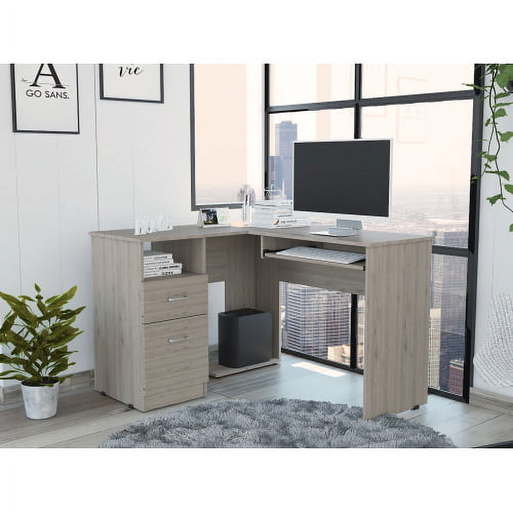 Mix L-Shaped Desk, Keyboard Tray, Two Drawers, Single Open Shelf -Light ...
