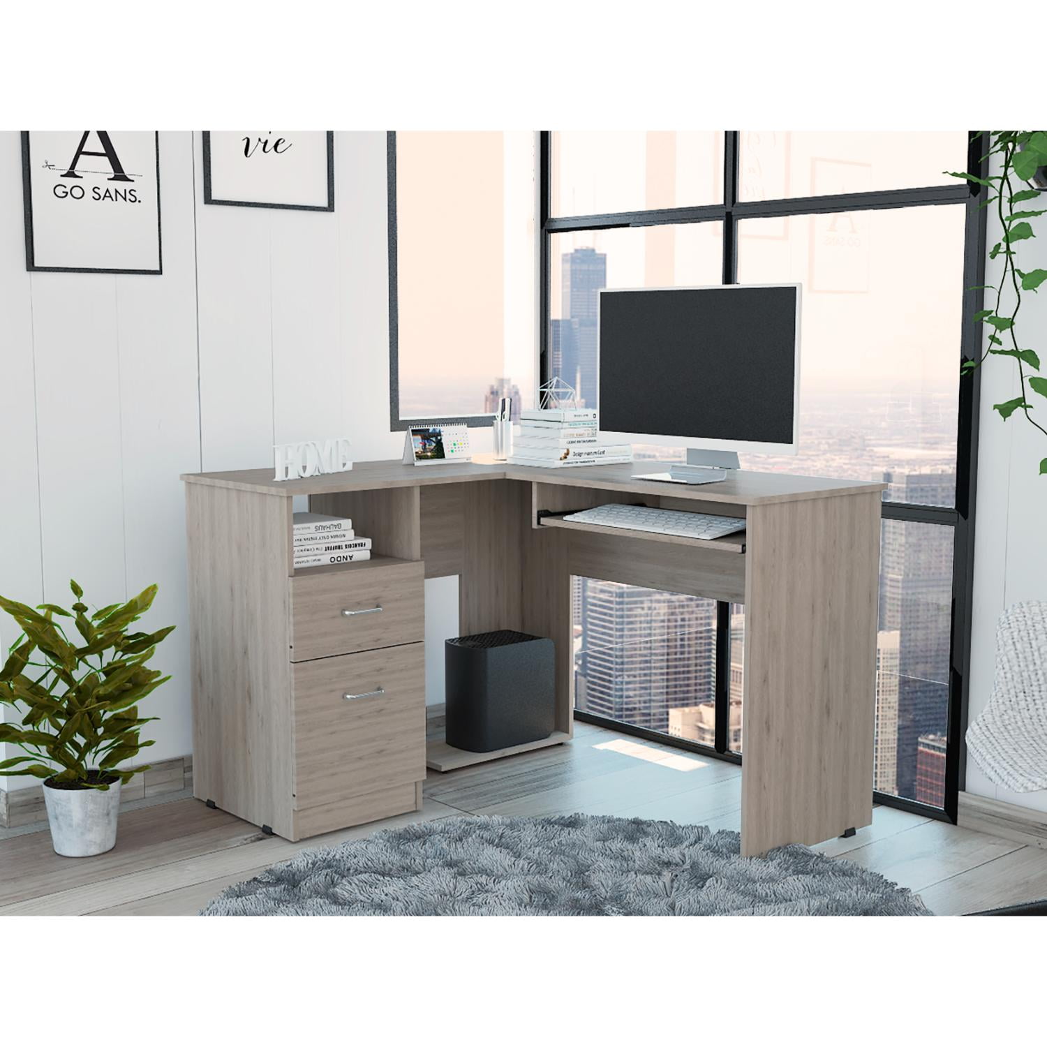 Mix L-Shaped Desk, Keyboard Tray, Two Drawers, Single Open Shelf Light ...