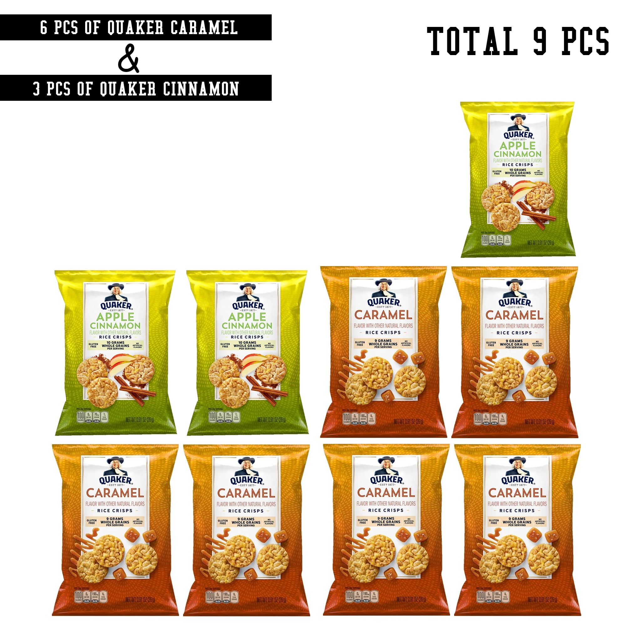 Mix Pack Quaker Rice Crisps Snacks, 6 Caramel and 3 Apple Cinnamon ...