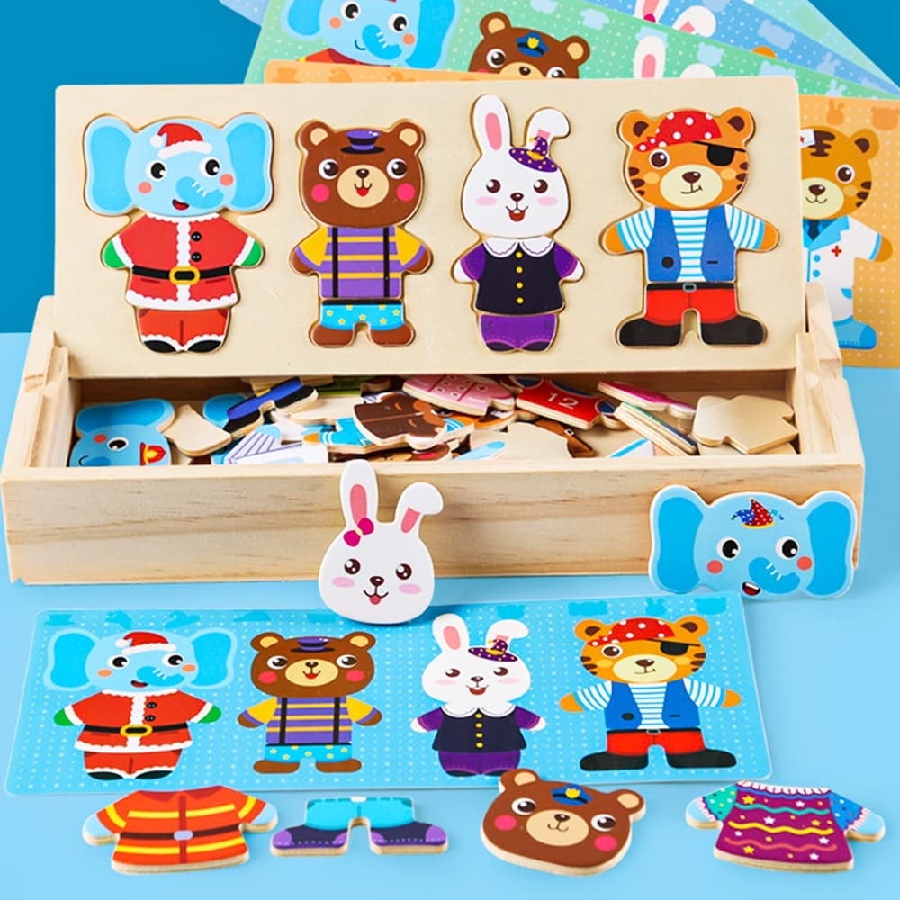 Mix 'n Match Wooden Animals Dress-Up Puzzle With Storage Case (60 pcs ...