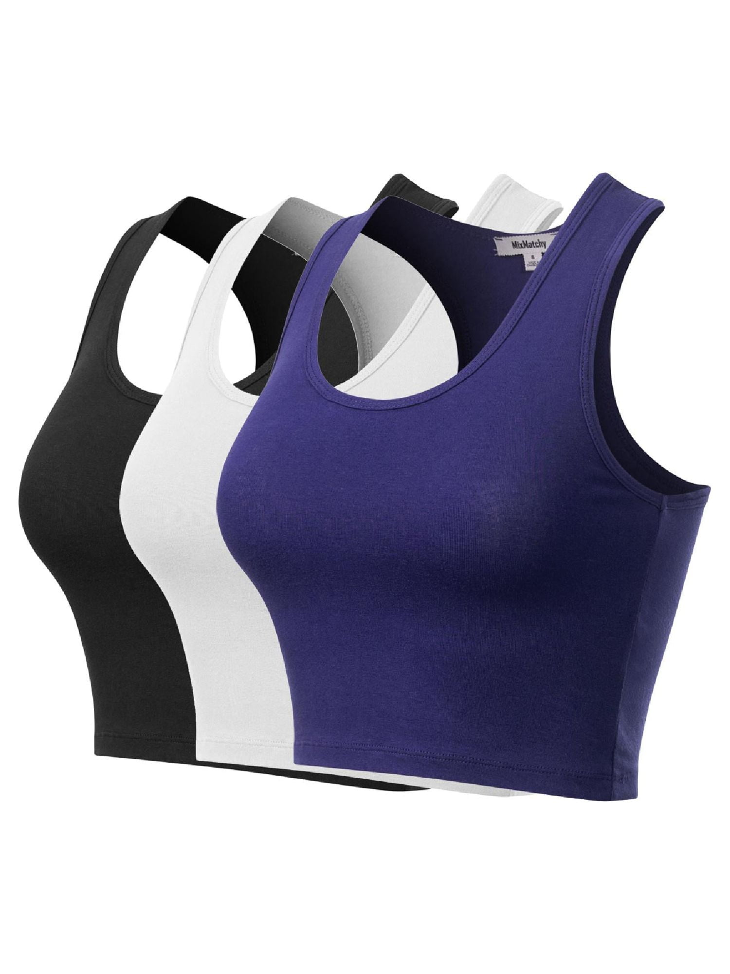 MixMatchy Women's 3-Pack Cotton Basic Sleeveless Racerback Sports Crop ...