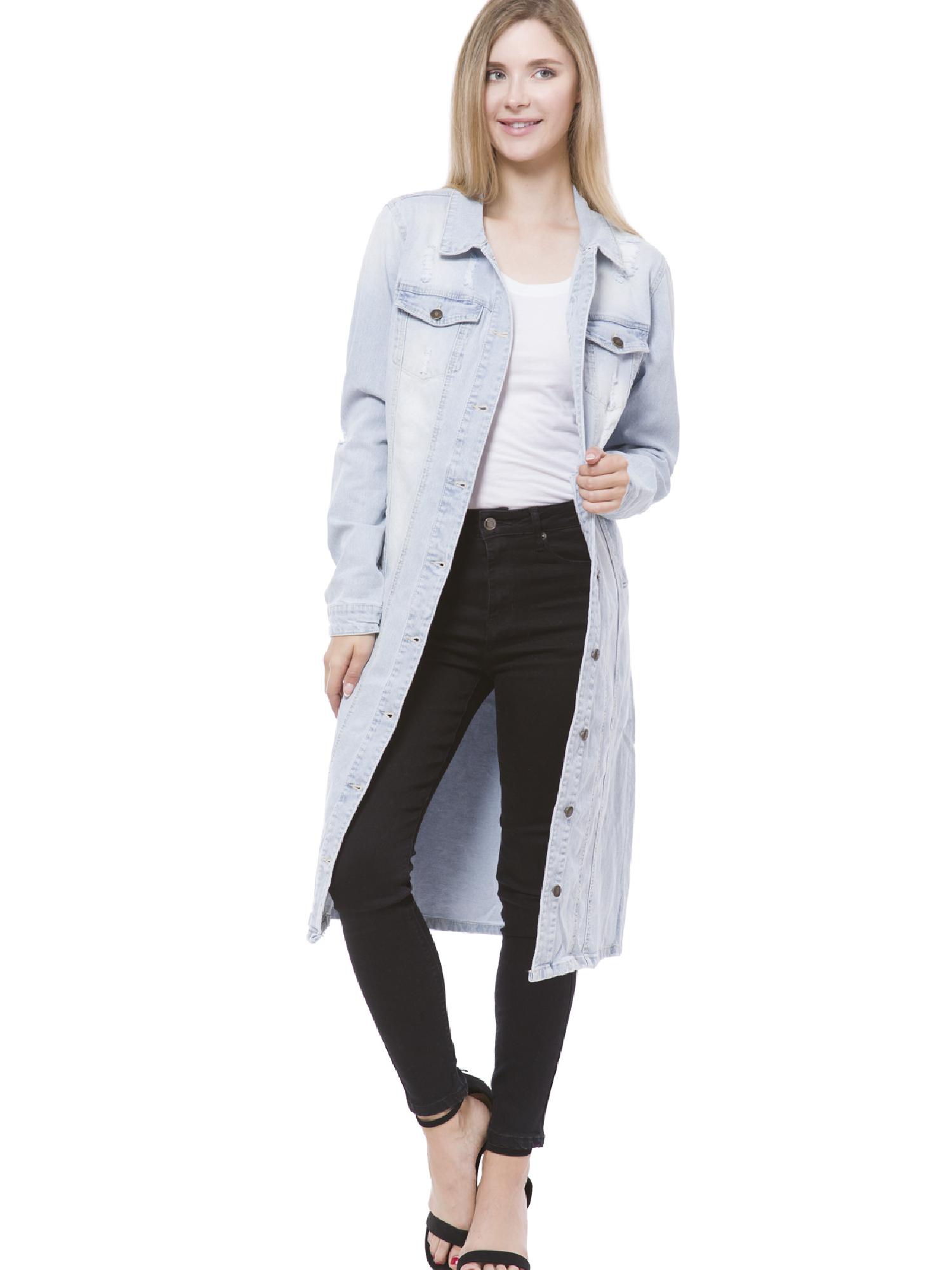 MixMatchy Women's Classic Distressed Long Denim Jacket Coat - Walmart.com