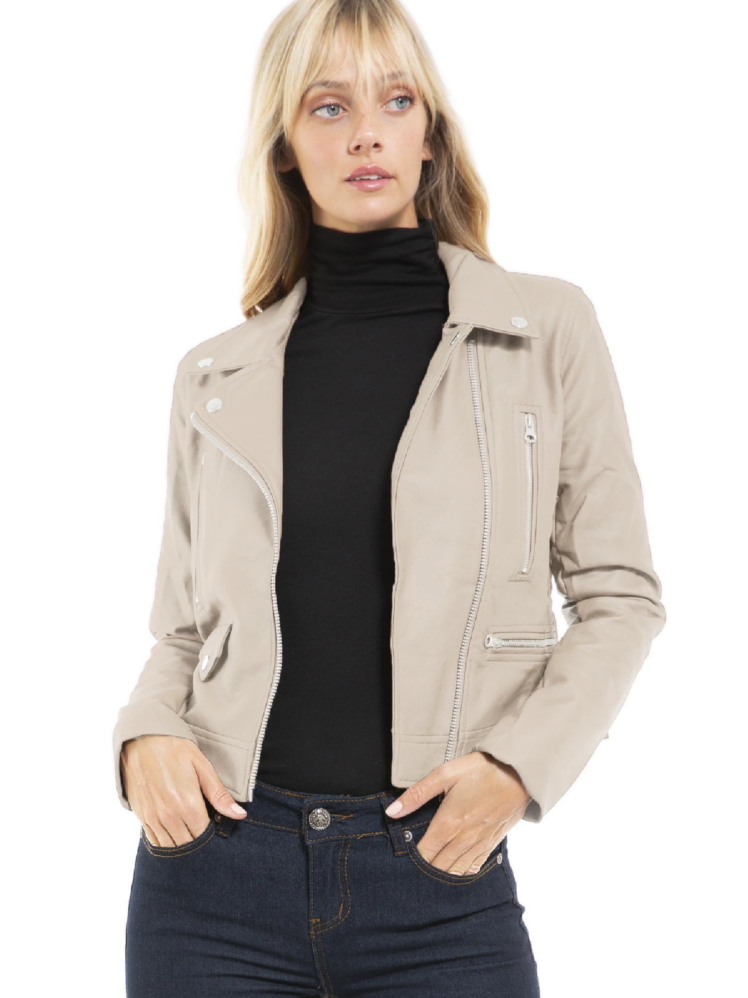 MixMatchy Women's Faux Leather Long Sleeve Zipper Closure Moto Biker ...