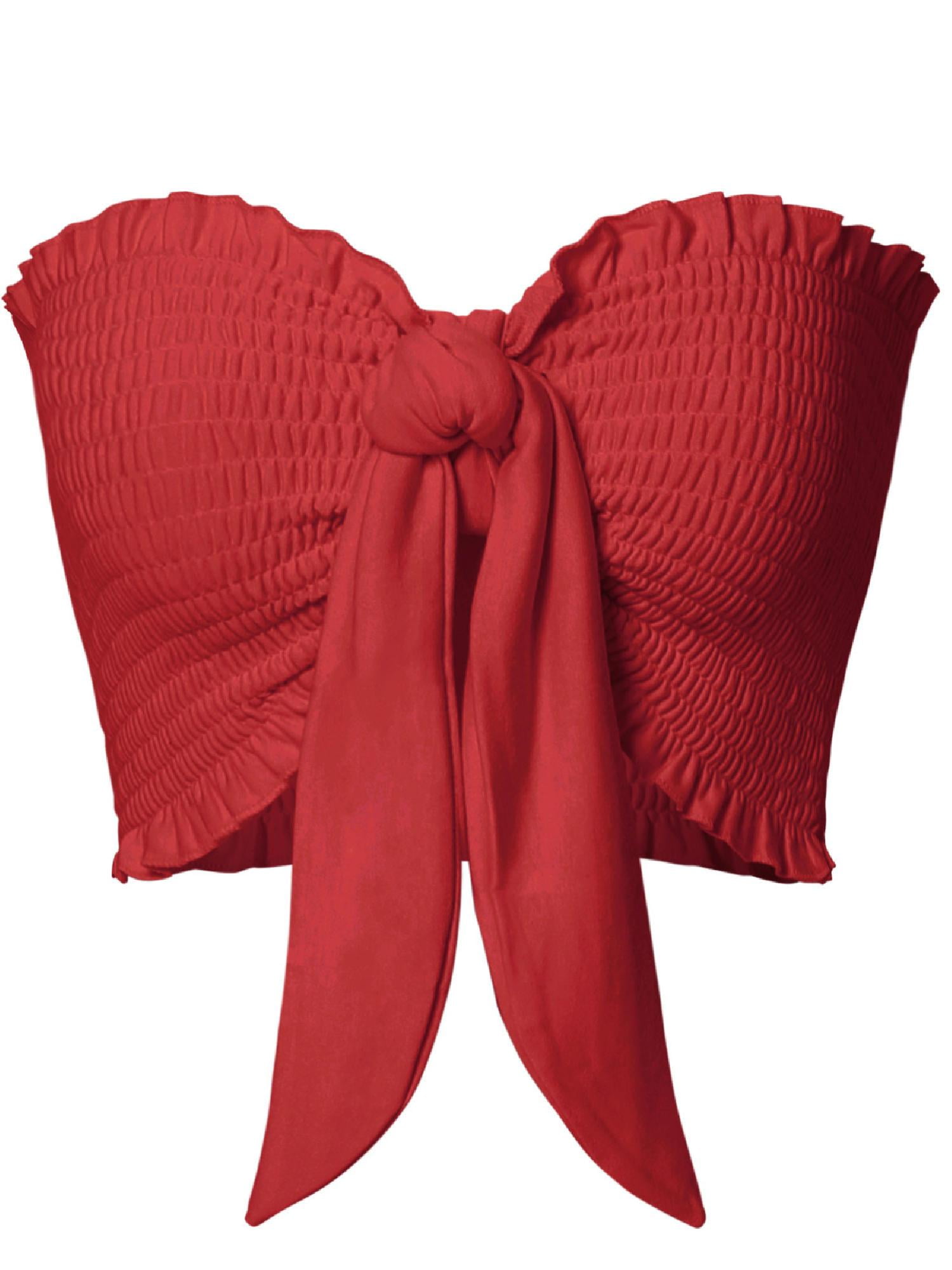 MixMatchy Women's Soft French Terry Smoked Tie Front Bandeau Tube Crop ...