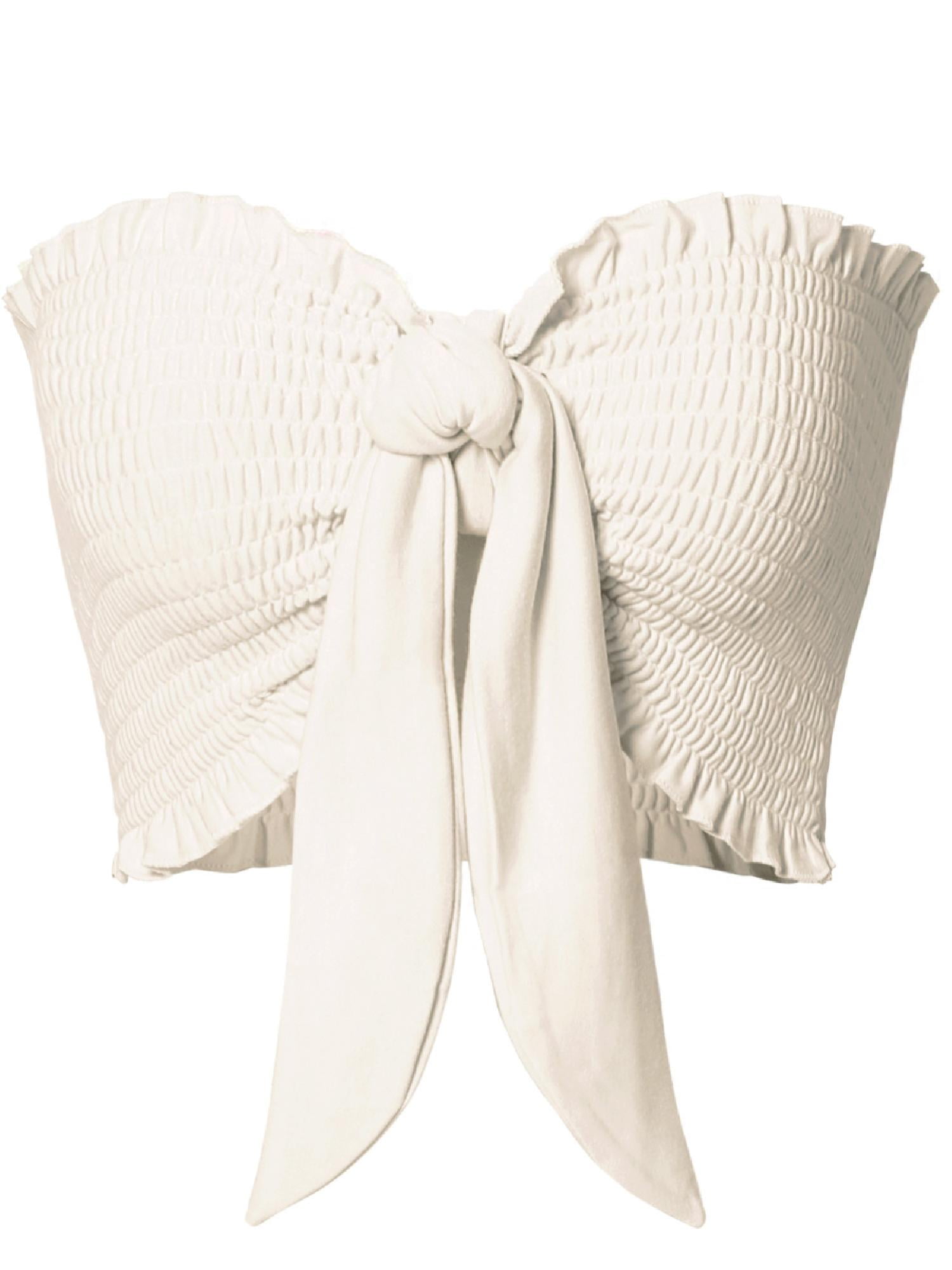 MixMatchy Women's Soft French Terry Smoked Tie Front Bandeau Tube Crop ...