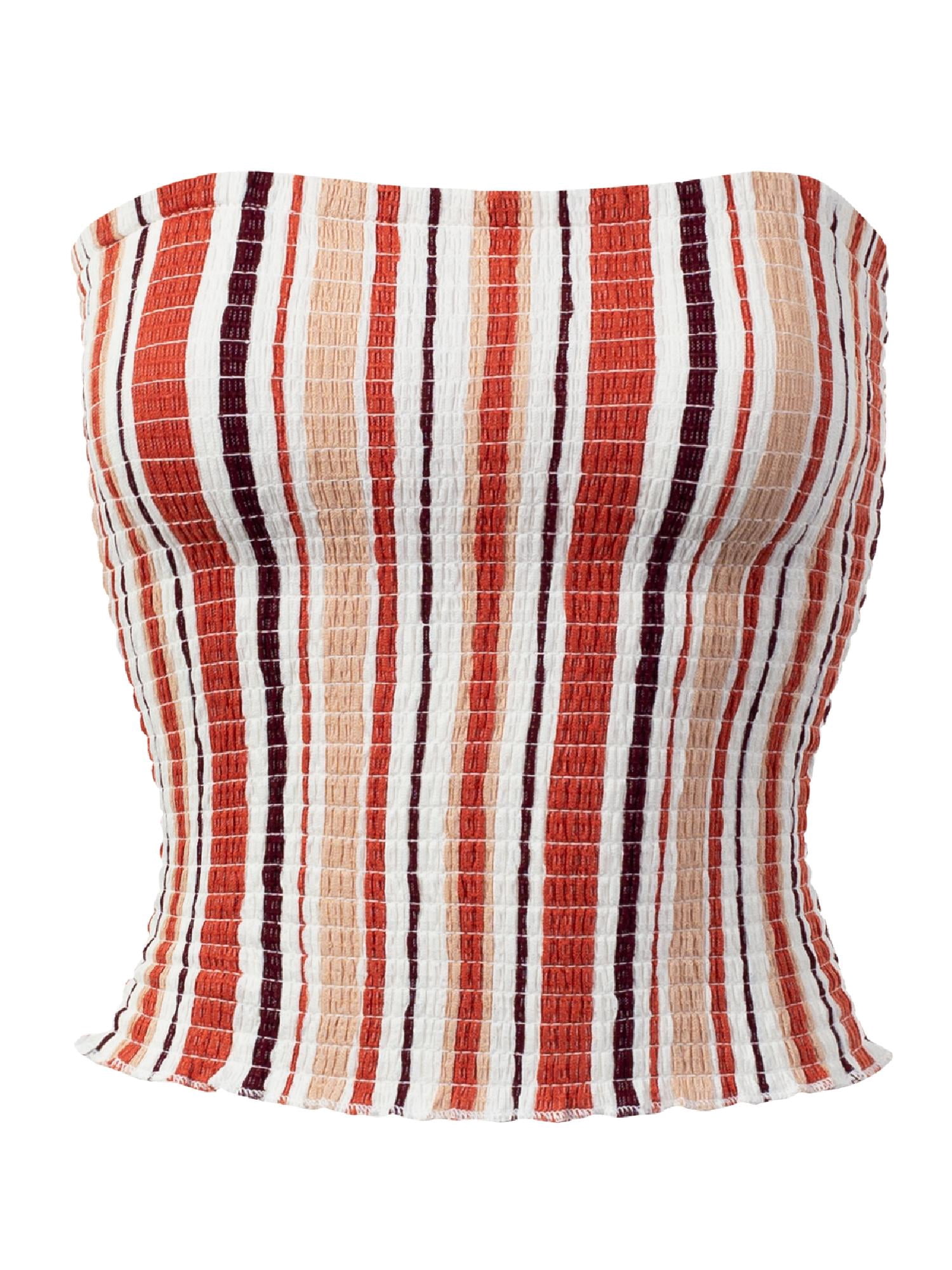 MixMatchy Women's Strapless Ruffled Edge Stripe Printed Smocking Crop ...