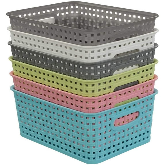 Mixed Color Rectangle Storage Baskets, Plastic Weave Shelf Baskets, 6 ...