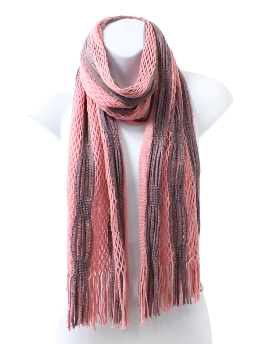 Mixed Pattern Striped Two Tone Open Knit Oblong Winter Scarf with ...
