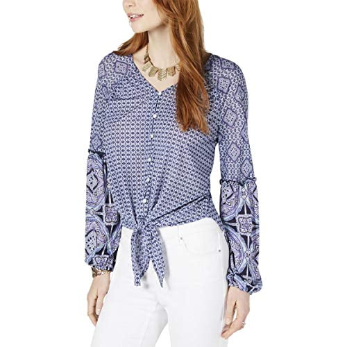 Mixed-Print Tie-Front Button-Up Top Tile Daze XL - Walmart.com