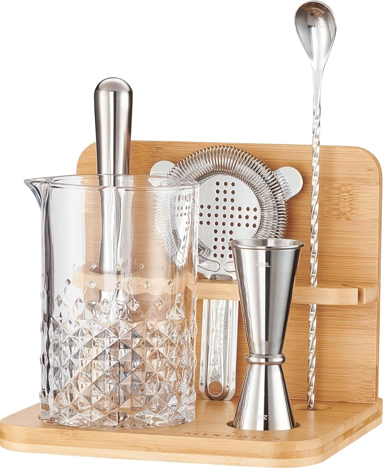 Mixeries Crystal Cocktail Mixing Glass Set With Bamboo Stand 22 Oz 650ml Thick And Sturdy