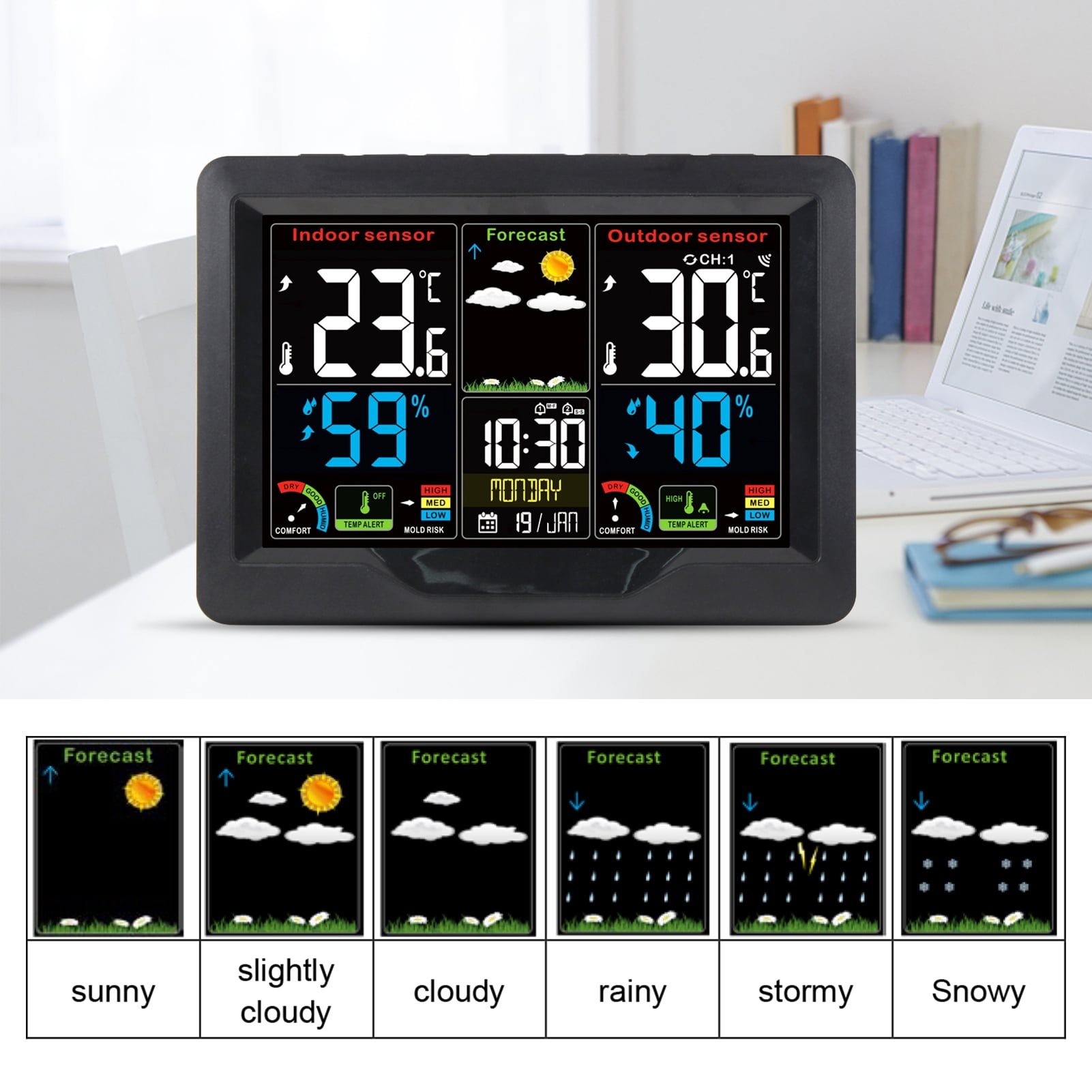 Mixfeer Wireless Weather Forecast Station Clock Indoor Color Screen ...