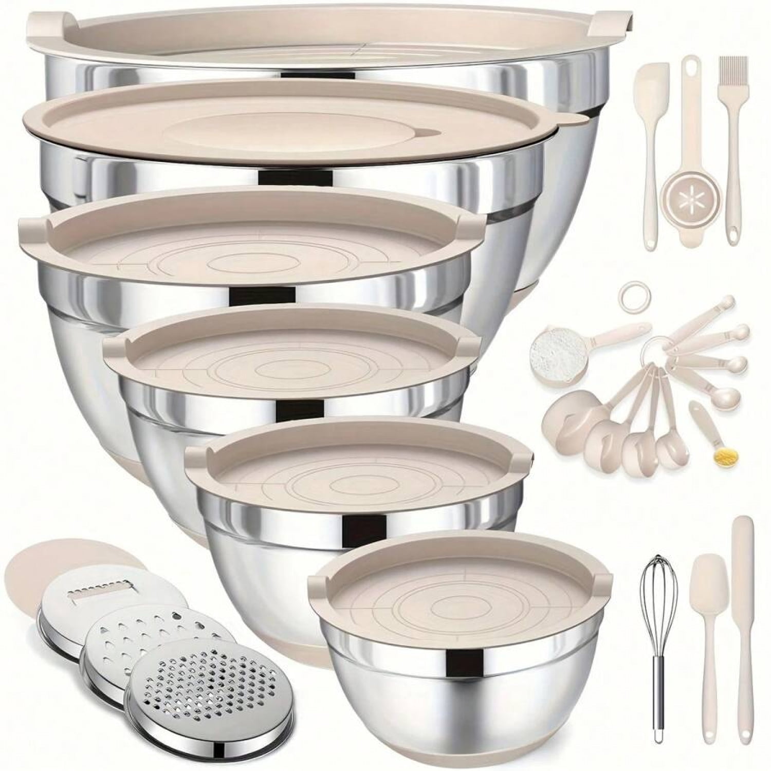 Mixing Bowls With Airtight Lids Set, 26PCS Stainless Steel Khaki Bowls ...