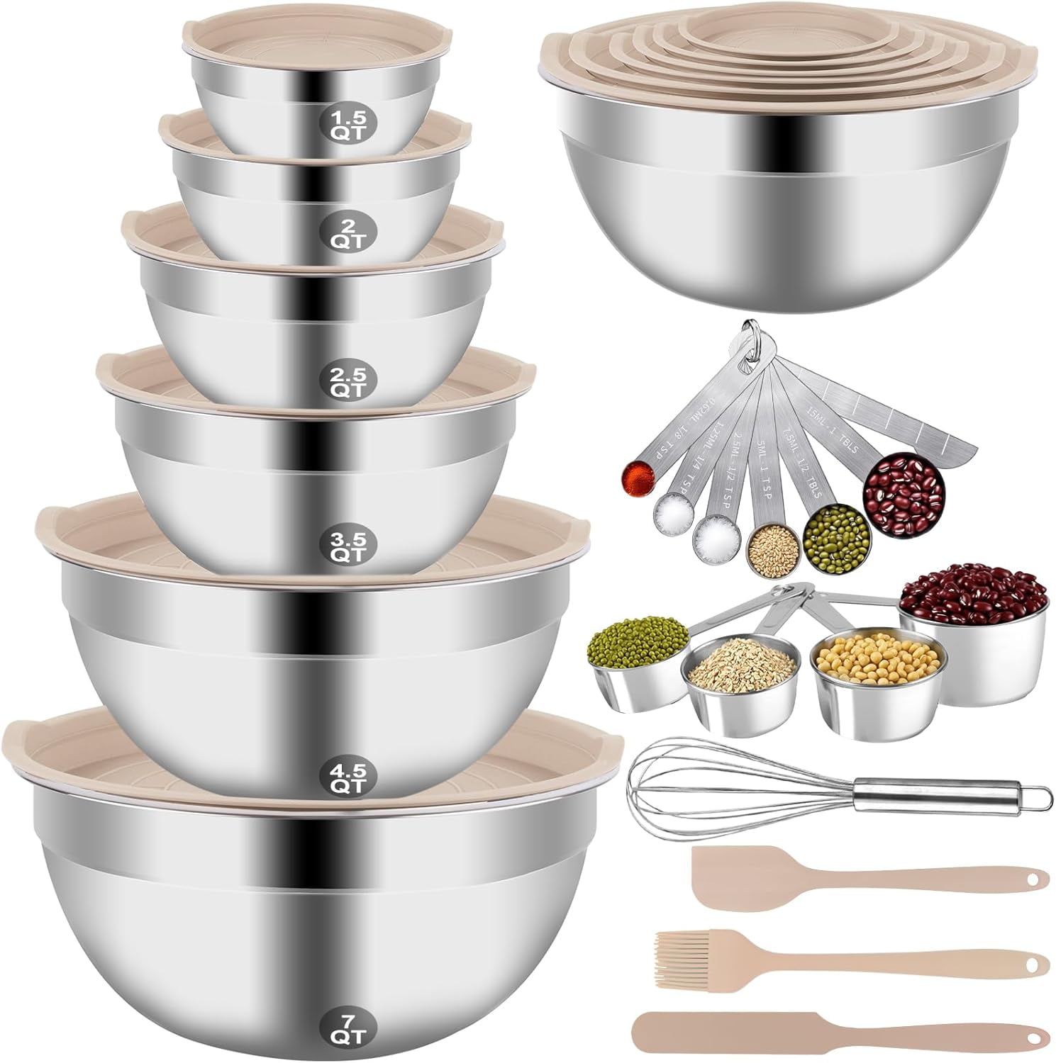 Mixing Bowls Set, 27PCS Khaki Mixing Bowls With Lids Set Stainless ...