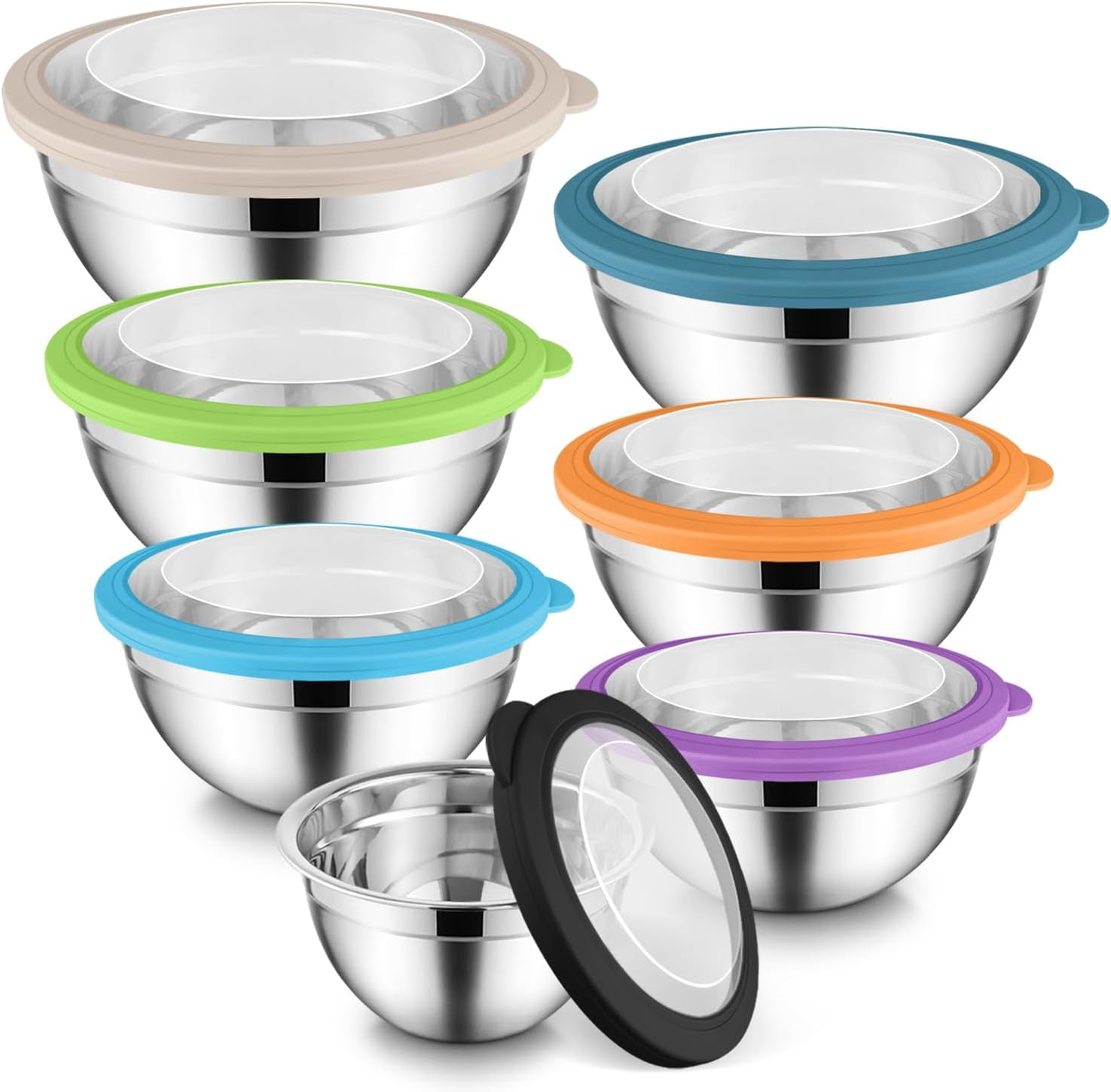 Mixing Bowls Set of 7, Stainless Steel Mixing Bowls with Airtight Clear ...