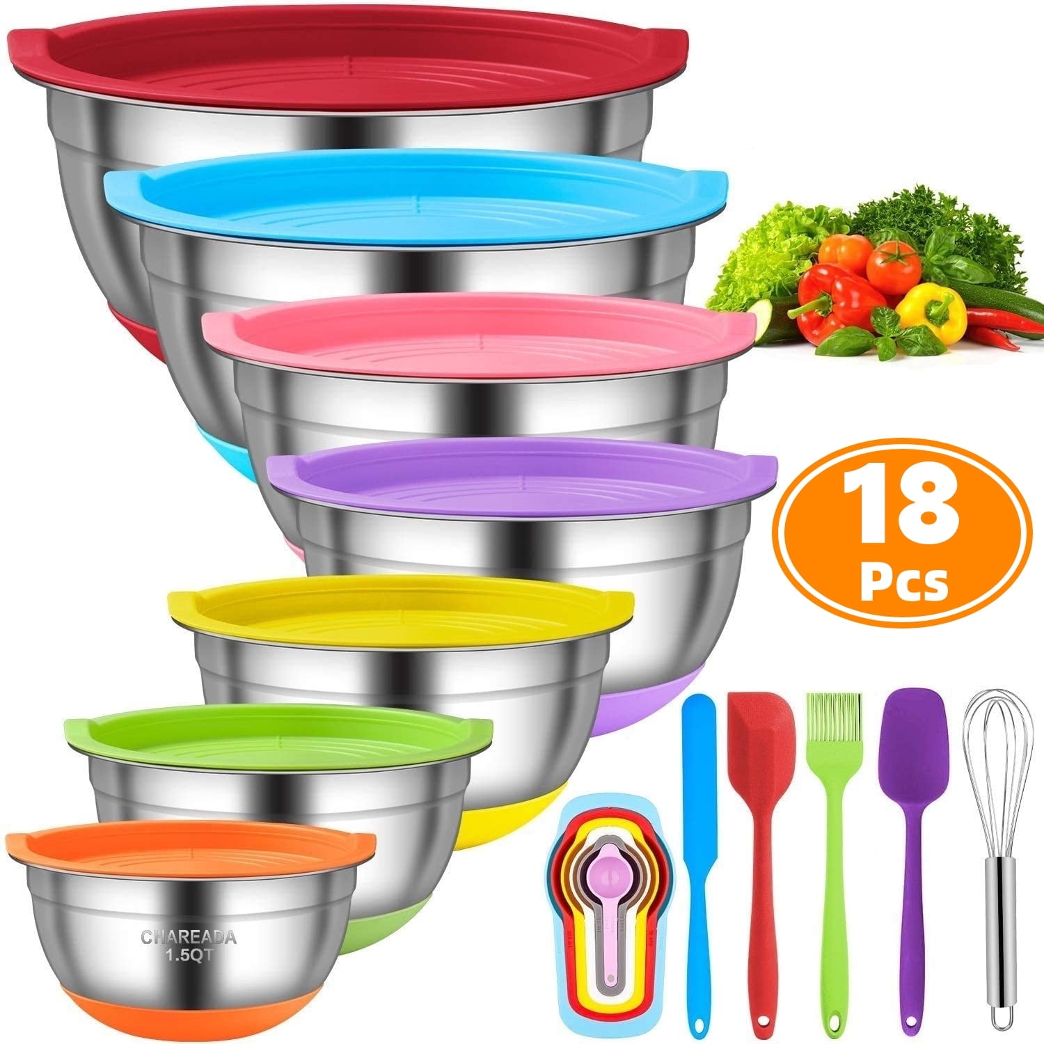 Mixing Bowls with Airtight Lids, 18pcs Stainless Steel Nesting Colorful ...