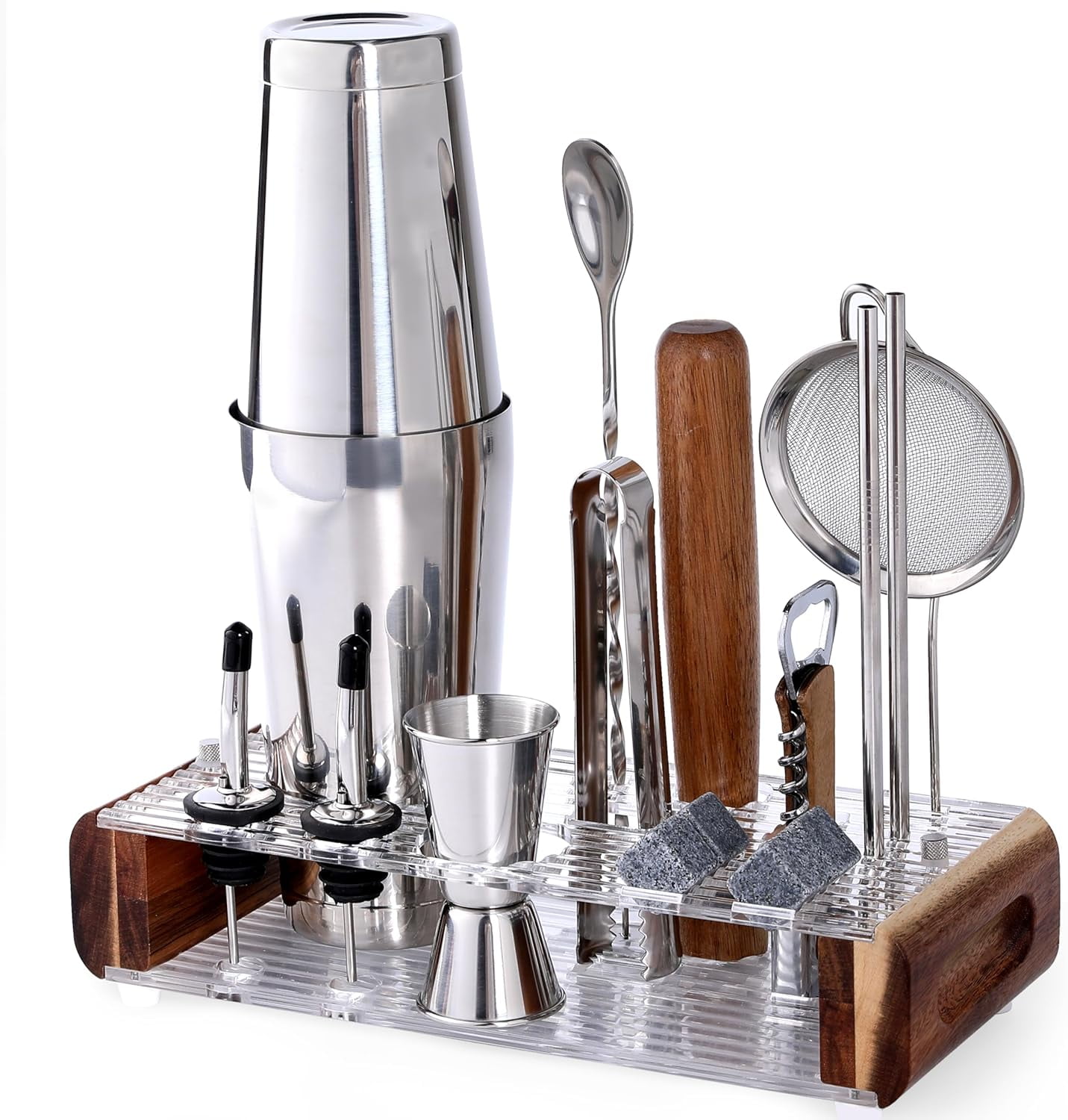 Mixology Bartender Kit with Stand - 15 Piece Bar Tool Set, Silver Bar ...