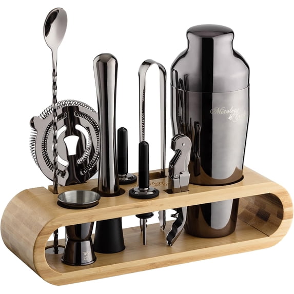 Mixology & Craft Cocktail Shaker Set with Bamboo Stand - Professional ...