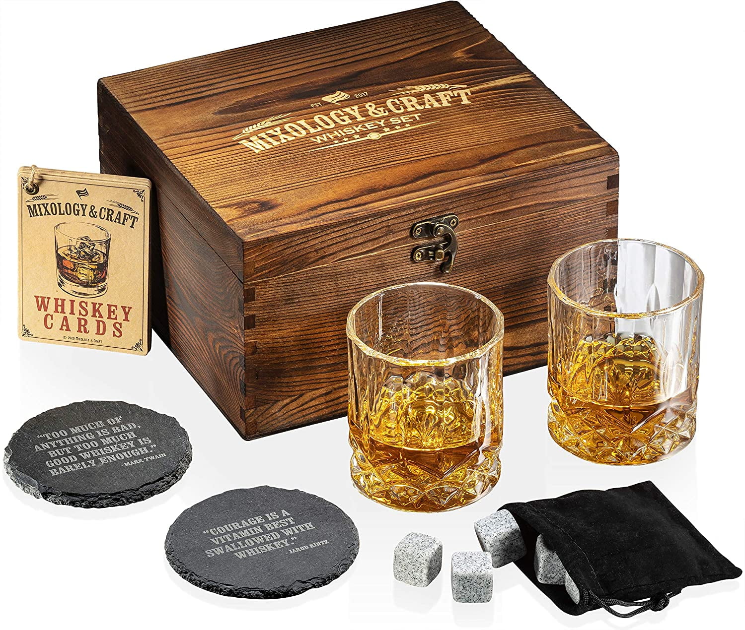 Mixology & Craft Whiskey Stones Gift Set, 8 Granite Rocks, 2 Glasses ...