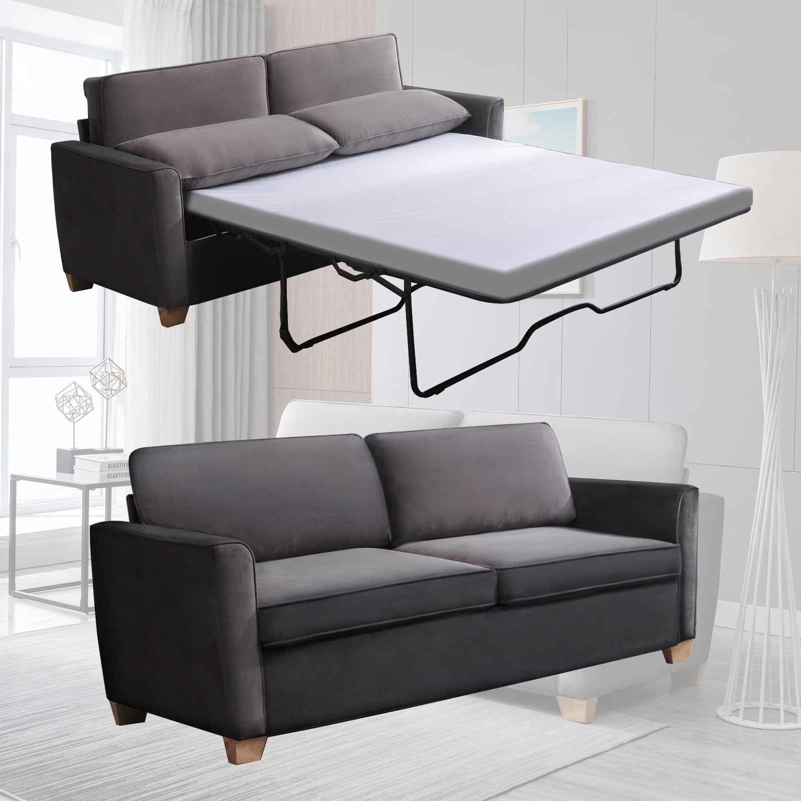 Mixoy Full Size Pull Out Sleeper Sofa Bed in Dark Grey Velvet with ...