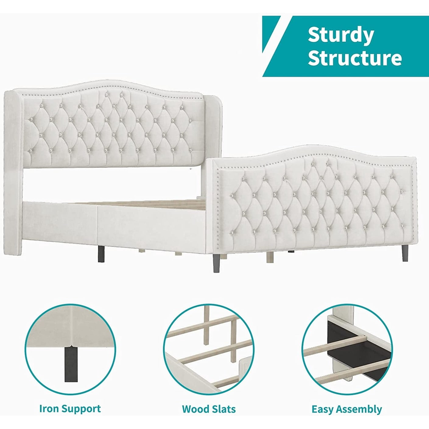 Mixoy Bed Frame with Headboard | Button Tufted Velvet/Dutch Velvet ...