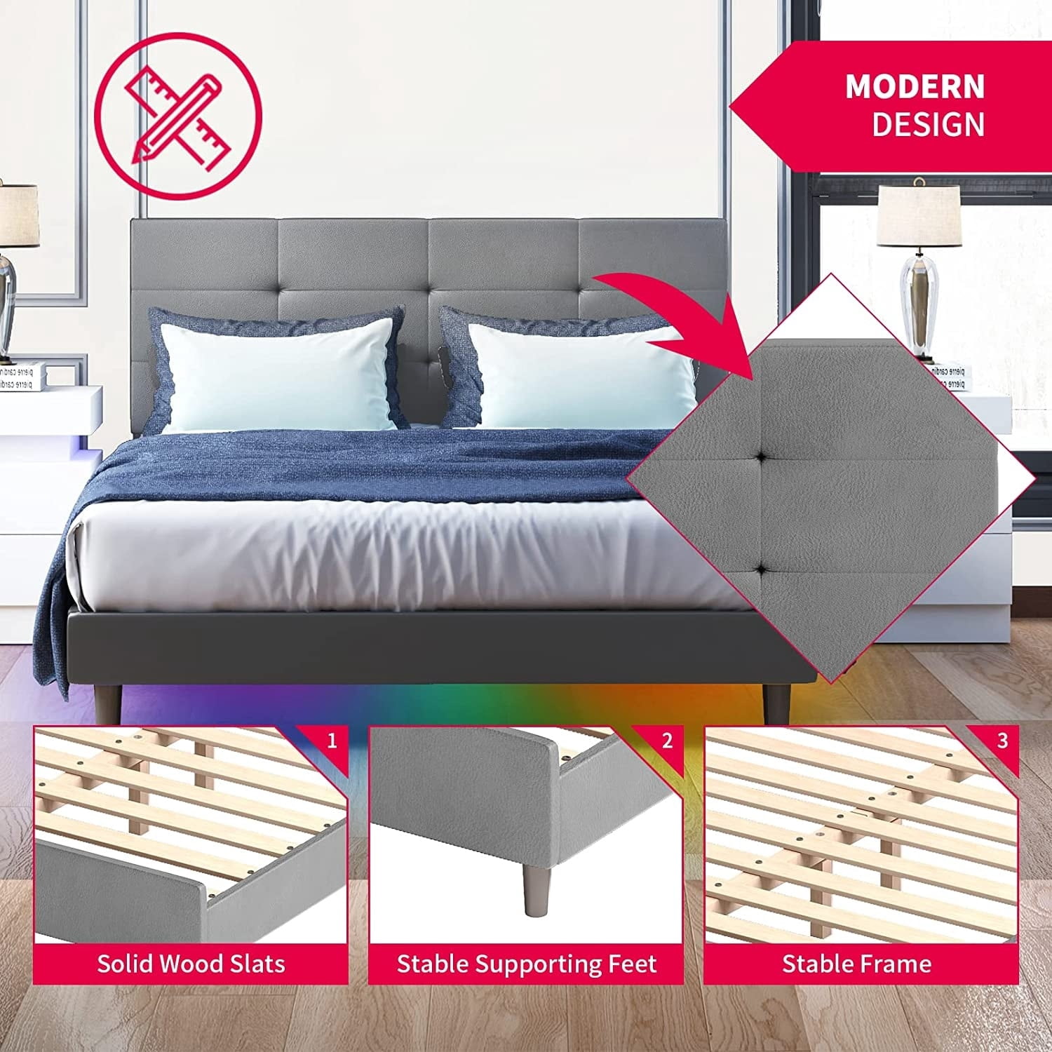 Mixoy Bed Frame with Smart RGB LED Lights Button Tufted Headboard PVC ...