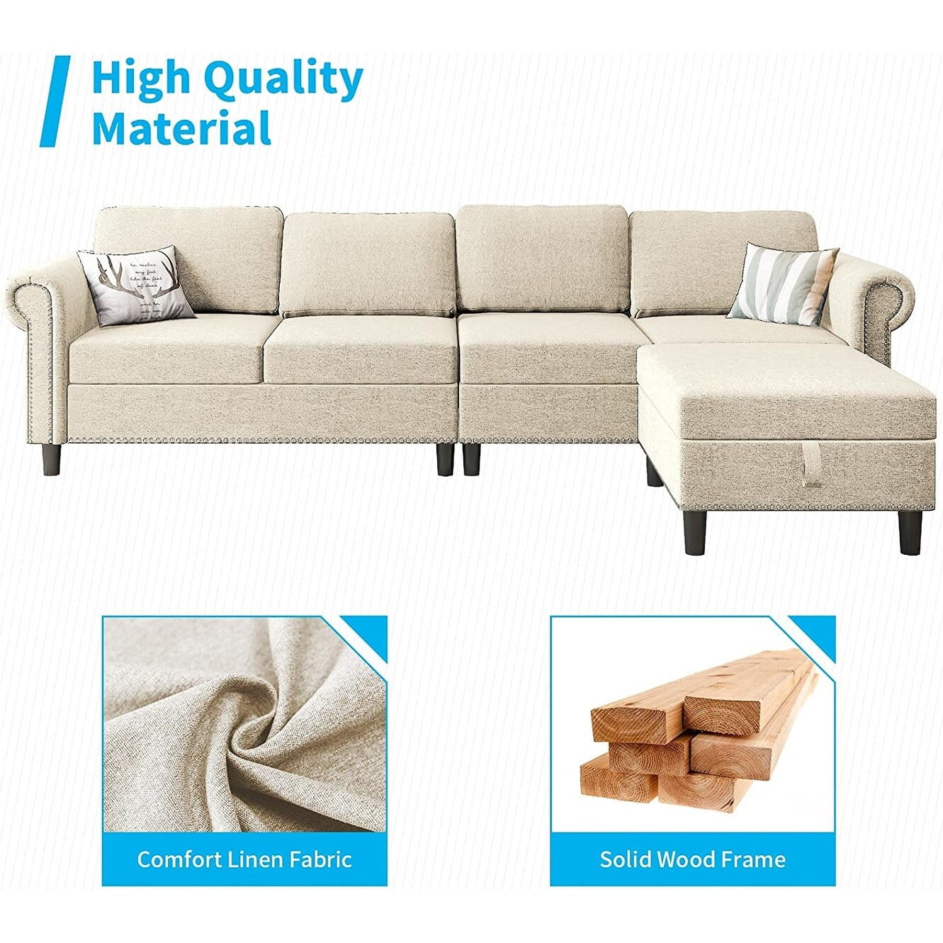 Mixoy Convertible Sofa with Movable Storage Ottoman, 4 Seat Sectional ...