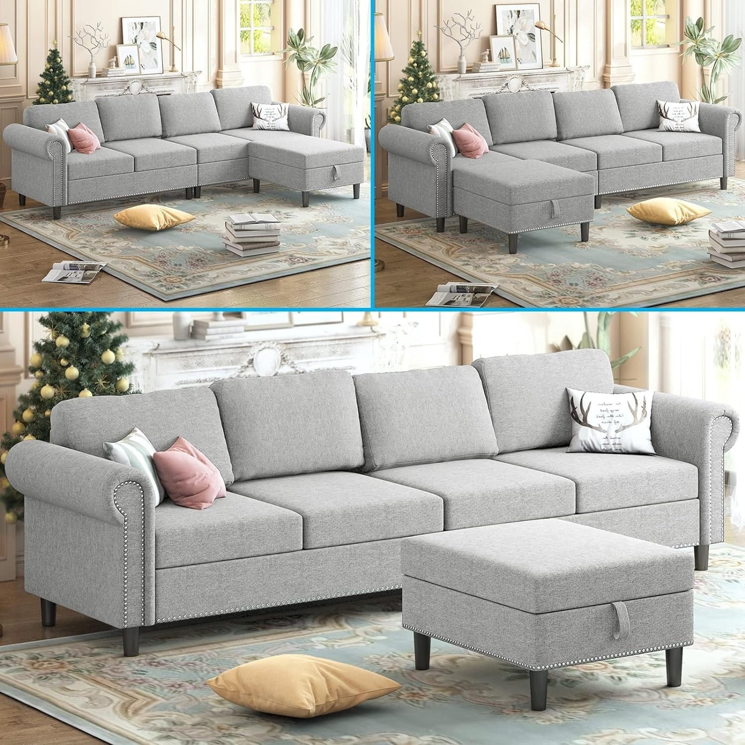 Mixoy Convertible Sofa with Movable Storage Ottoman, 4 Seat Sectional ...