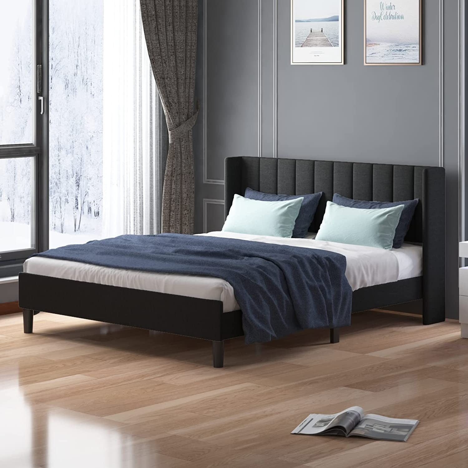 Mixoy King/Queen/Full Bed Frame with Headboard Tufted Linen Bedroom ...