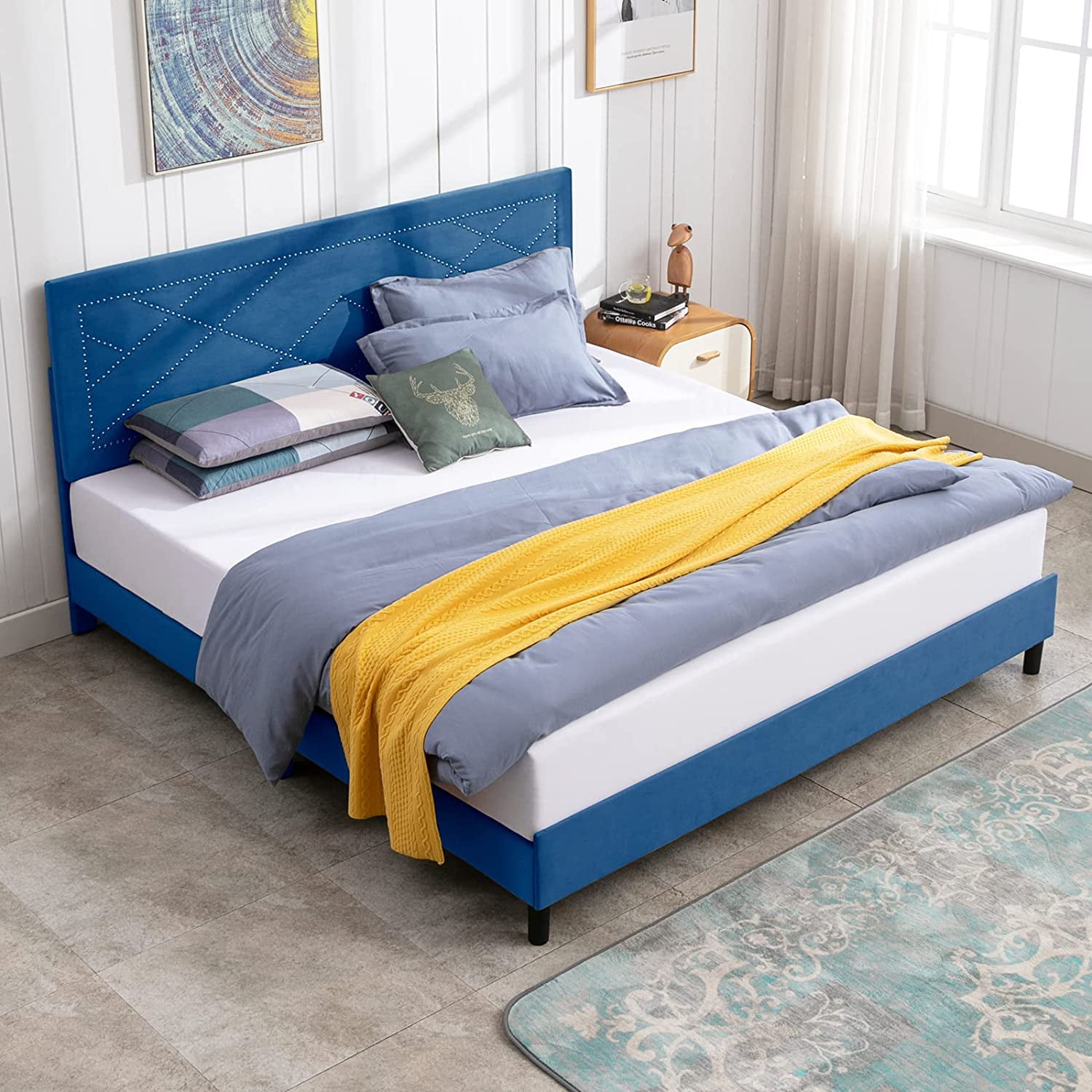 Mixoy Queen Bed Frame with High Headboard, Upholstered Platform Bed ...