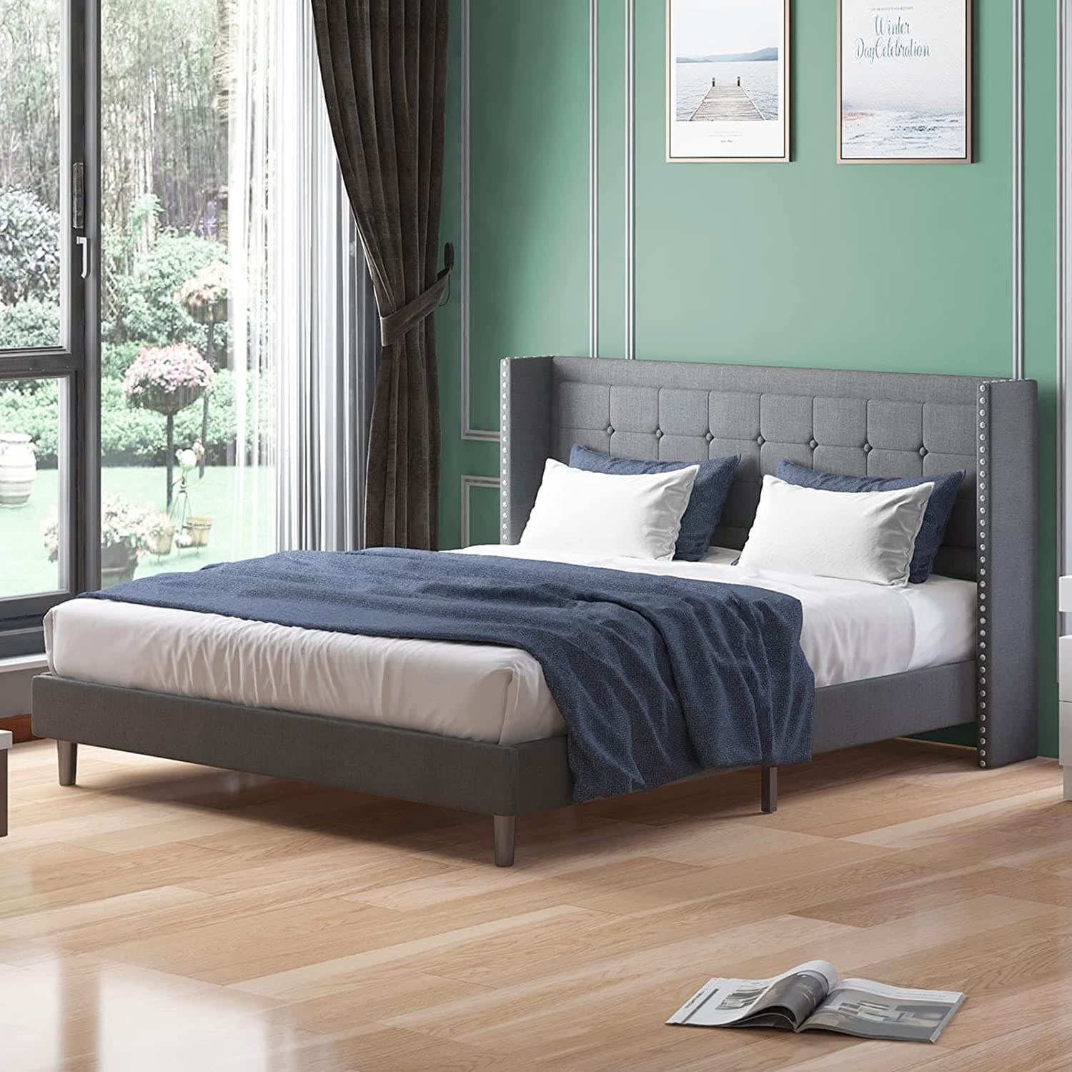 Mixoy Thin Velvet Bed Frame with Button Tufted Design Headboard Dark ...
