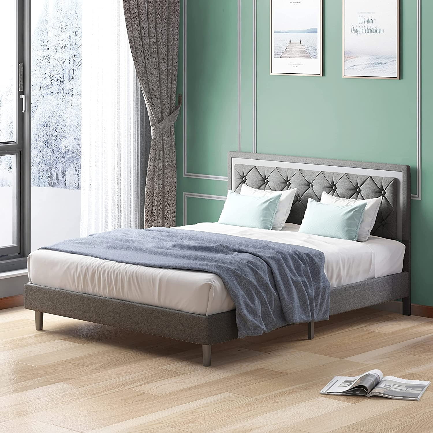 Mixoy Upholstered Mattress Frame with Adjustable Headboard, Thin Velvet ...