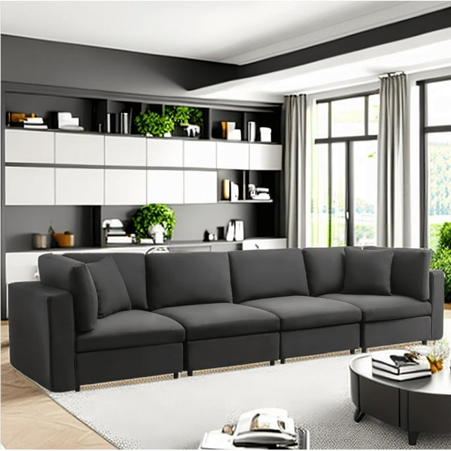 Mixoy Velvet 4 Seater Sofa Couch Set with Backrest Pillow, Dark Grey ...