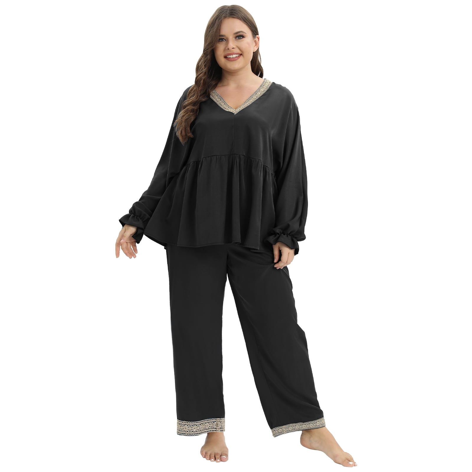 Miyanuby Plus Size Pajamas Set for Women Soft Sleepwear Set Long Sleeve ...