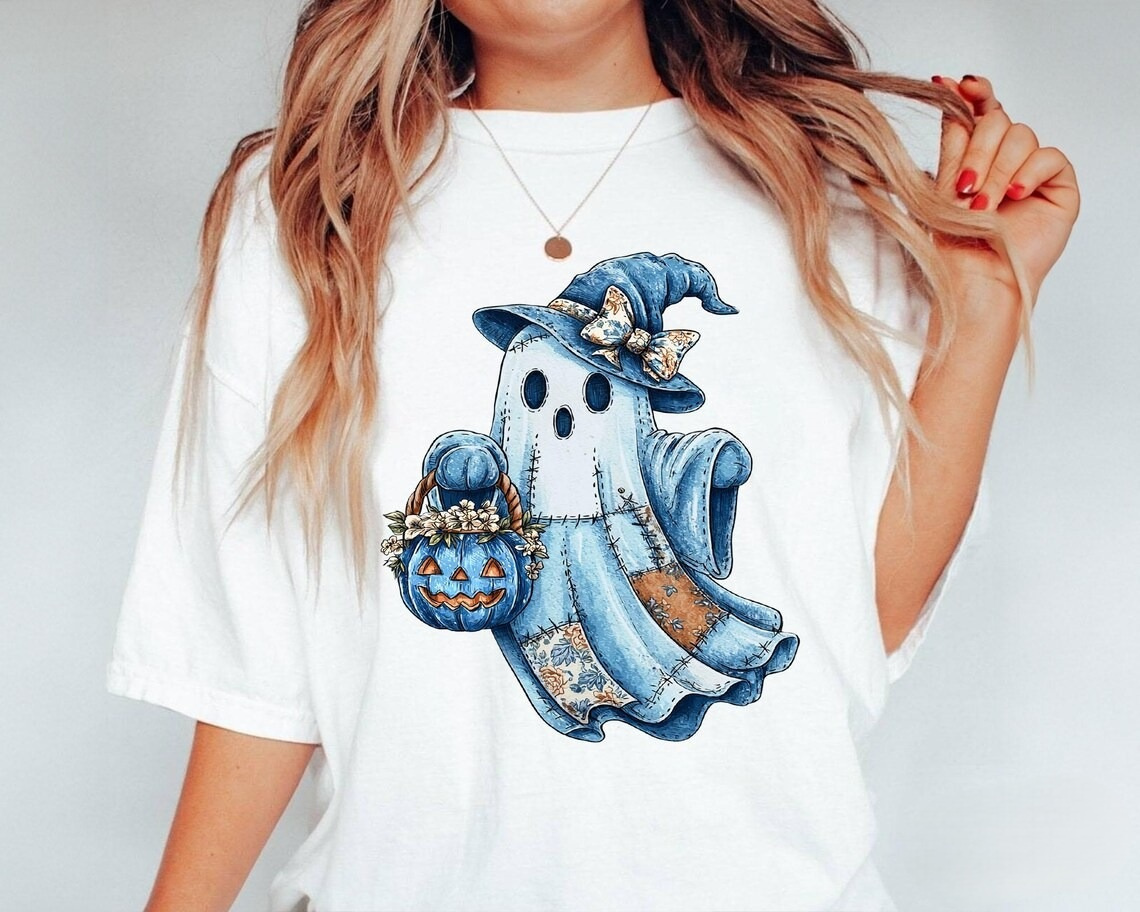MiyazakiLy Retro Halloween Blue Denim Ghost Shirt, Spooky Ghost shirt ...