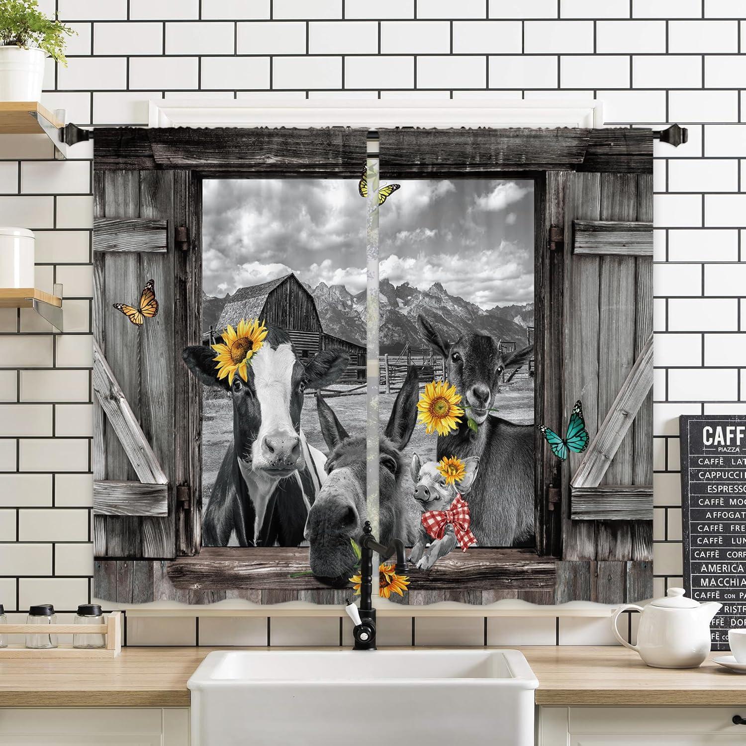 Miyotaa Farmhouse Rustic Animal Kitchen Window Curtains 2 Panels 27.5W ...