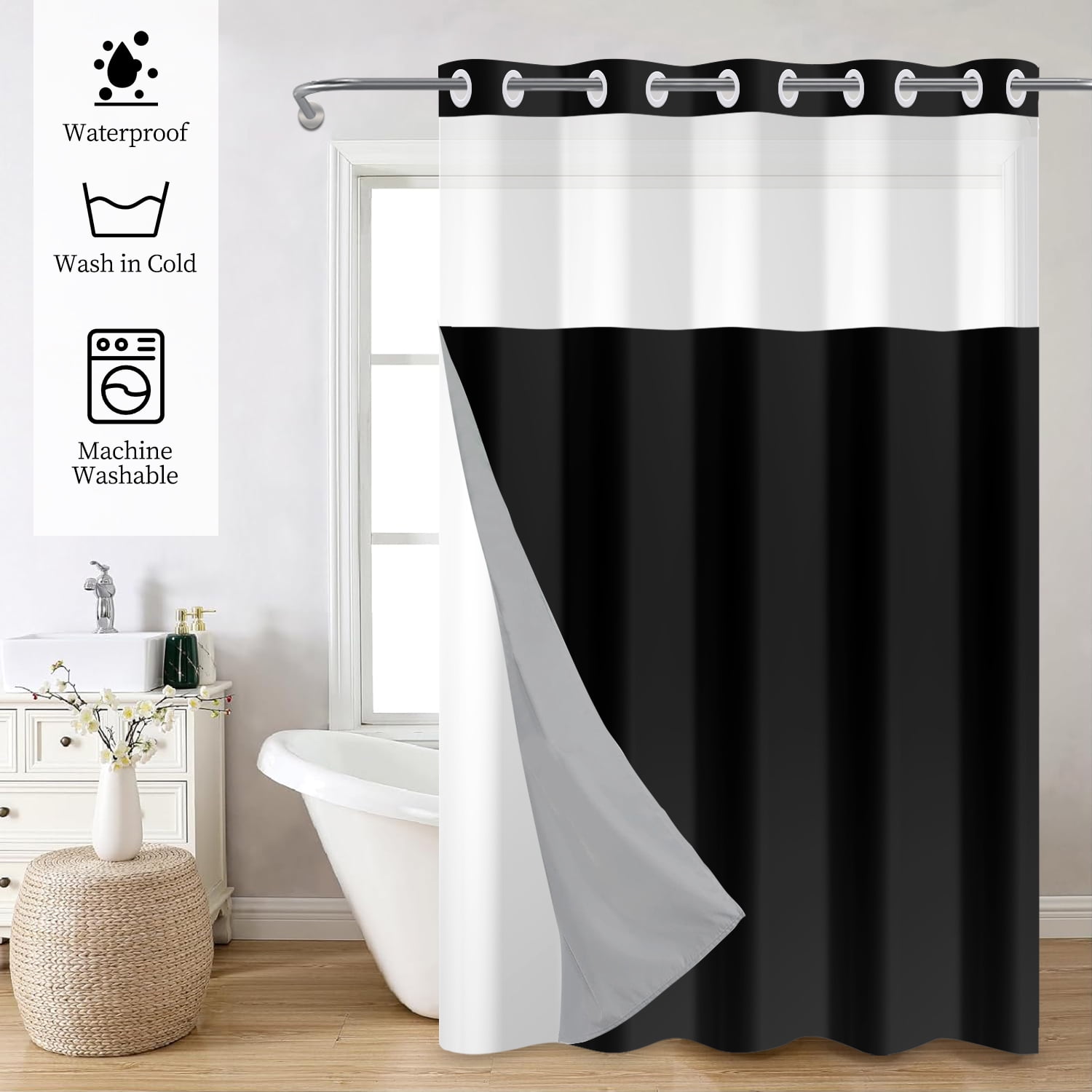 Mizhona Black No Hooks Shower Curtains with Snap in Liner Modern ...