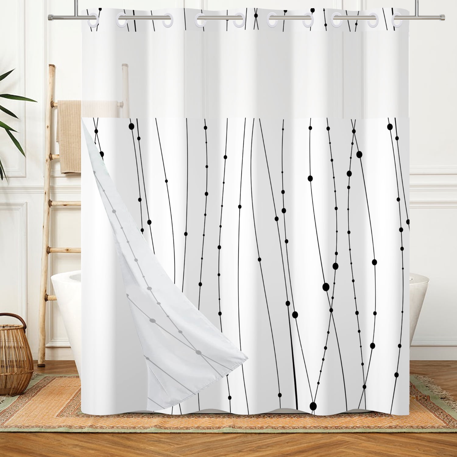 Mizhona Black Stripes No Hooks Shower Curtains with Snap in Liner Black and White Hookless ...