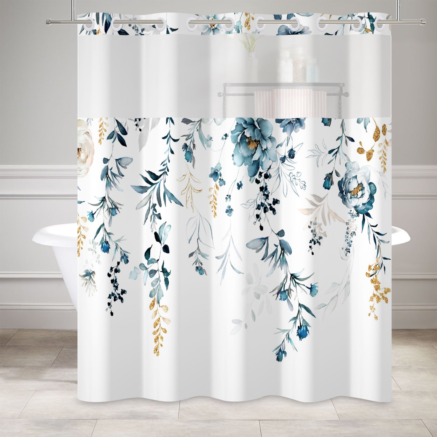 Mizhona Blue Floral Leaves Hookless Shower Curtain with Snap in Liner，No Hooks Fabric Bath ...