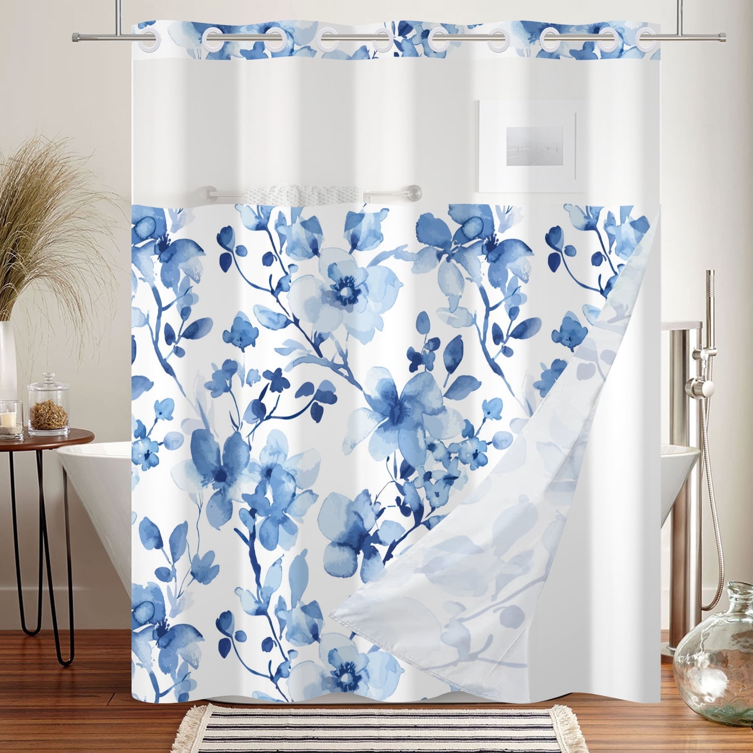 Mizhona Blue Floral Shower Curtains with Snap in Liner Rustic Plants No Hook Fabric Bathroom ...