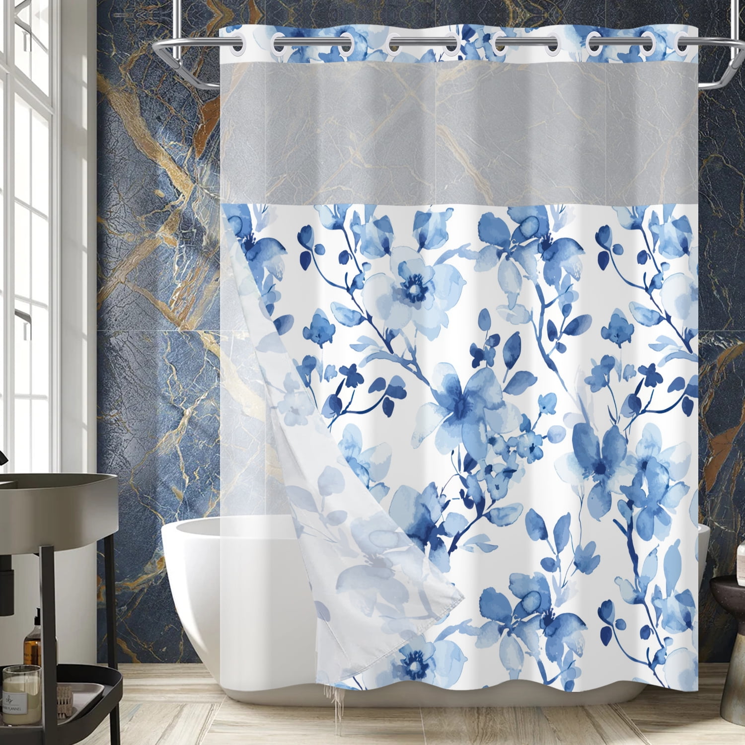 Mizhona Blue Floral Shower Curtains with Snap in Liner Rustic Plants No Hook Fabric Bathroom ...