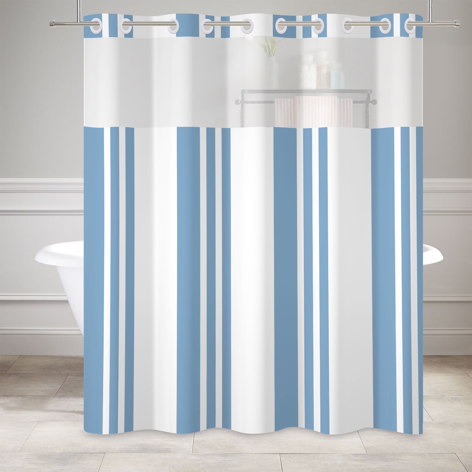 Mizhona Blue Stripes No Hooks Shower Curtains with Snap in Liner Blue and White Stripes Hookless ...
