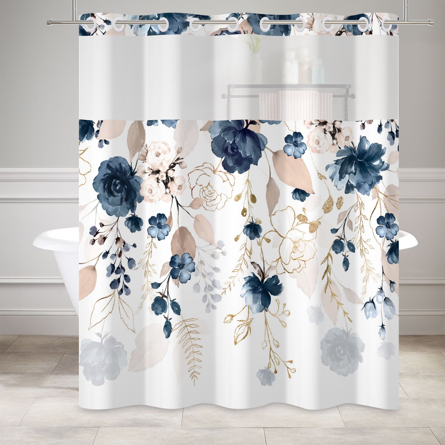Mizhona Blue and Gold Floral Hookless Shower Curtain with Snap in Liner，No Hooks Shower Curtain ...