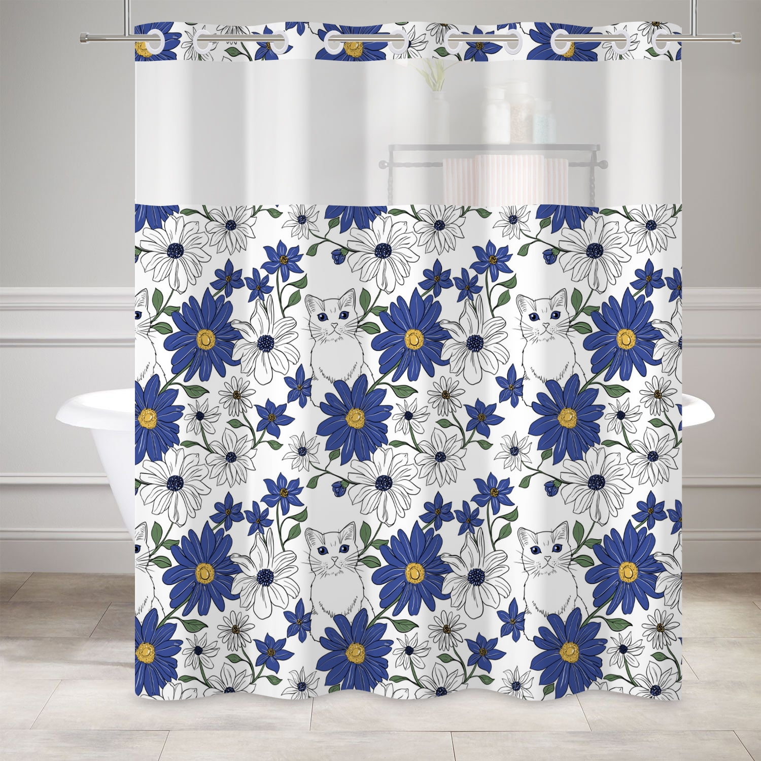 Mizhona Blue and White Floral No Hooks Shower Curtains with Snap in Liner Cute Cats Hookless ...