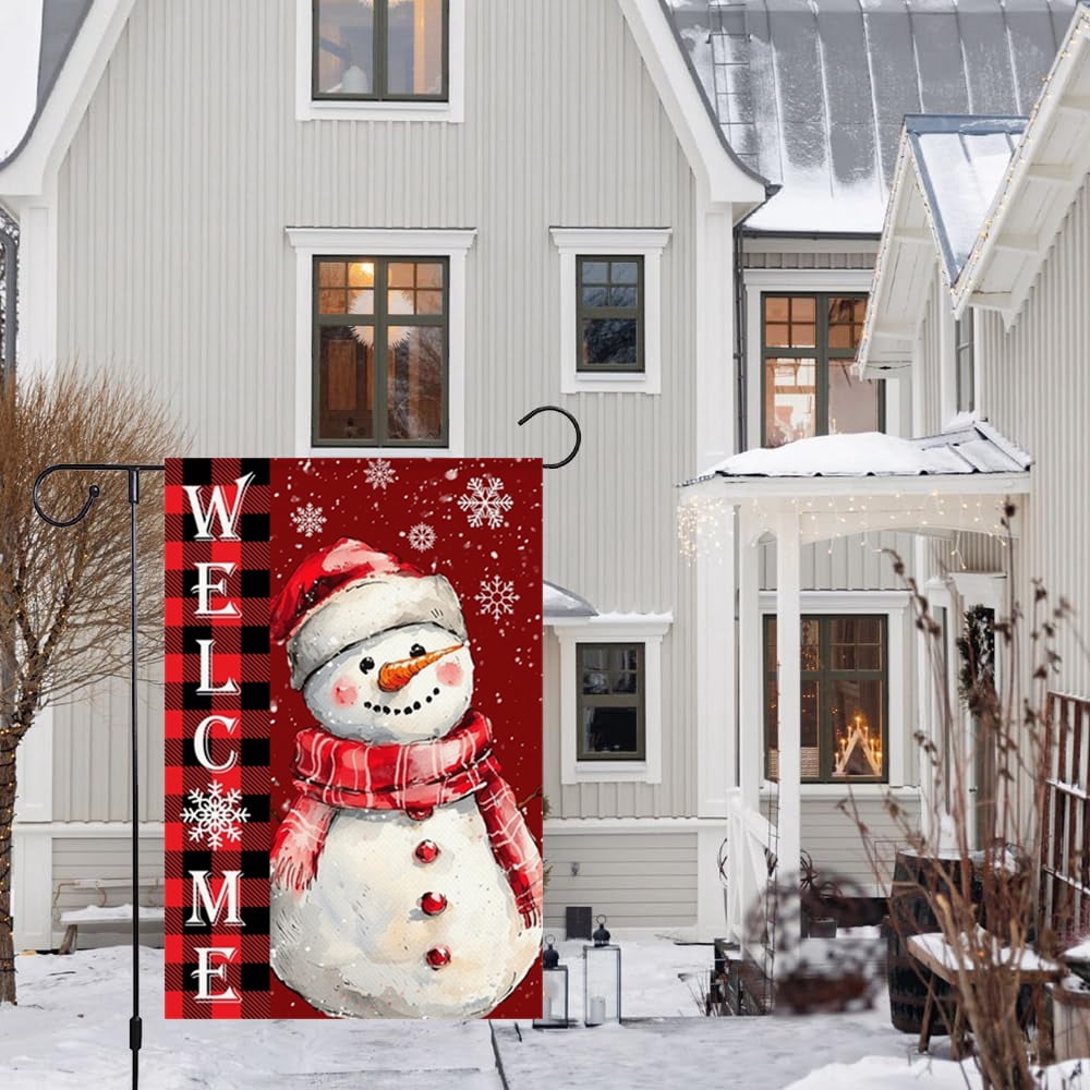 Mizhona Christmas Welcome Decoration Garden Flag Snowman Buffalo Plaid ...